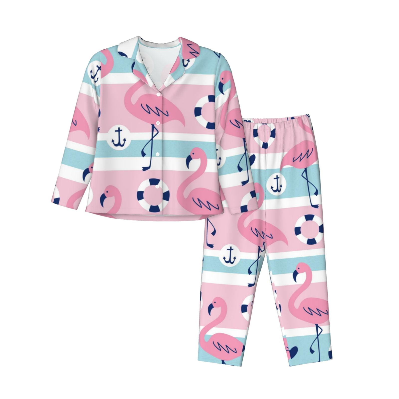 Logiee Pink Striped Flamingo Print Womens Pajamas Set,Long Sleeve ...
