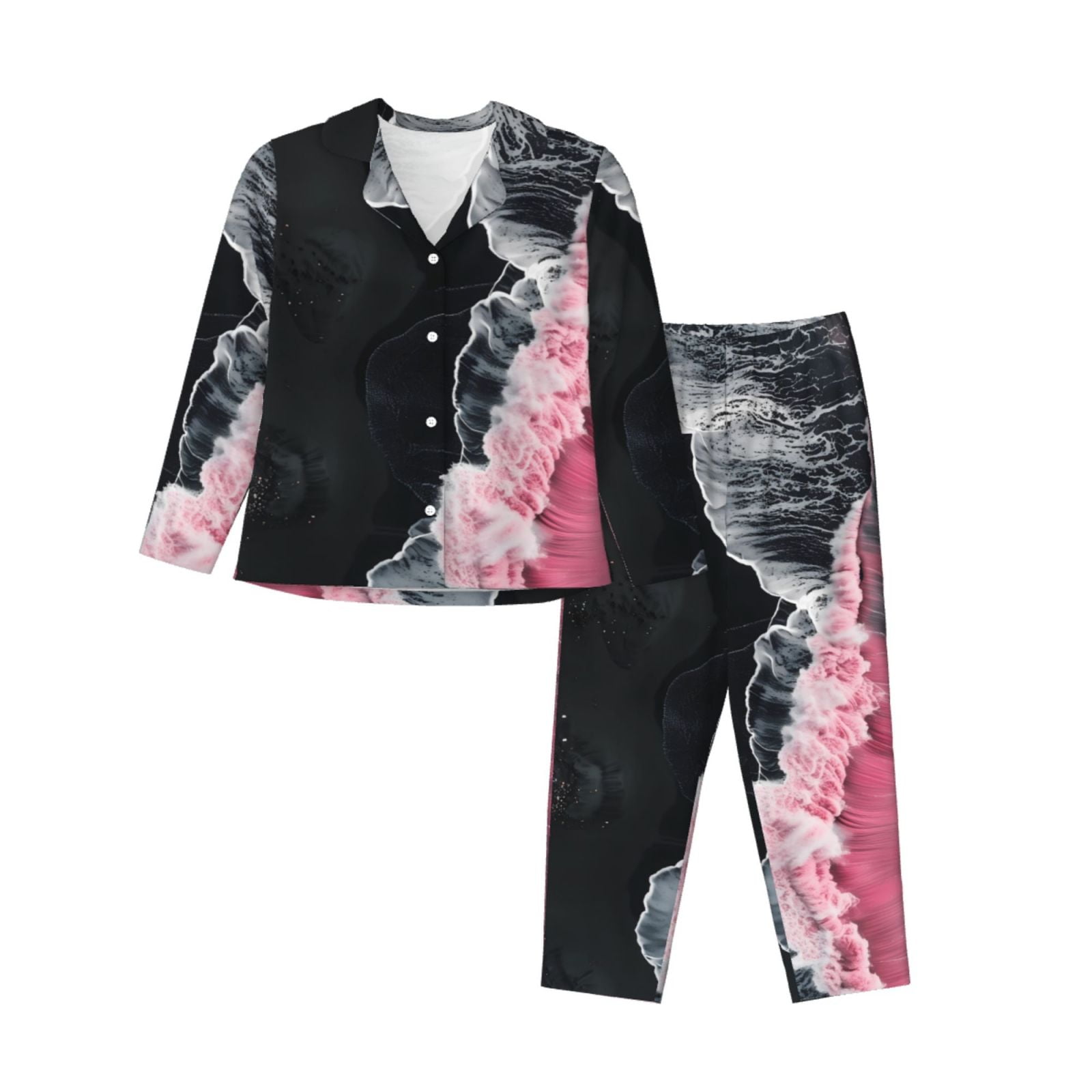 Logiee Pink White Ocean Waves Print Womens Pajamas Set,Long Sleeve ...