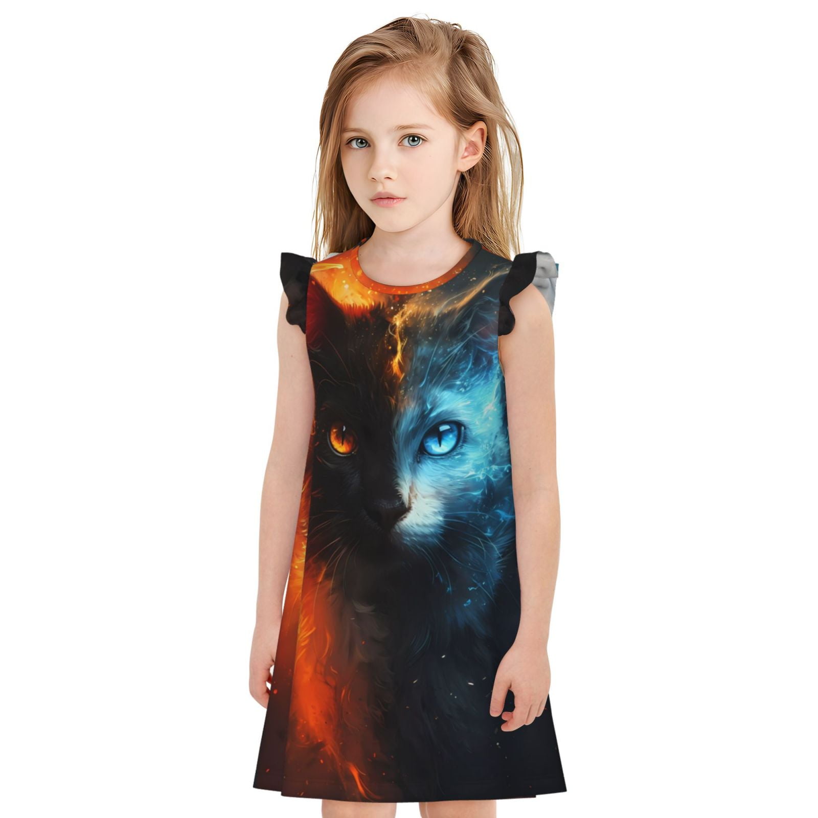 Logiee Red And Blue Fire Cat Print Girls Nightgowns,Casual Dress ...