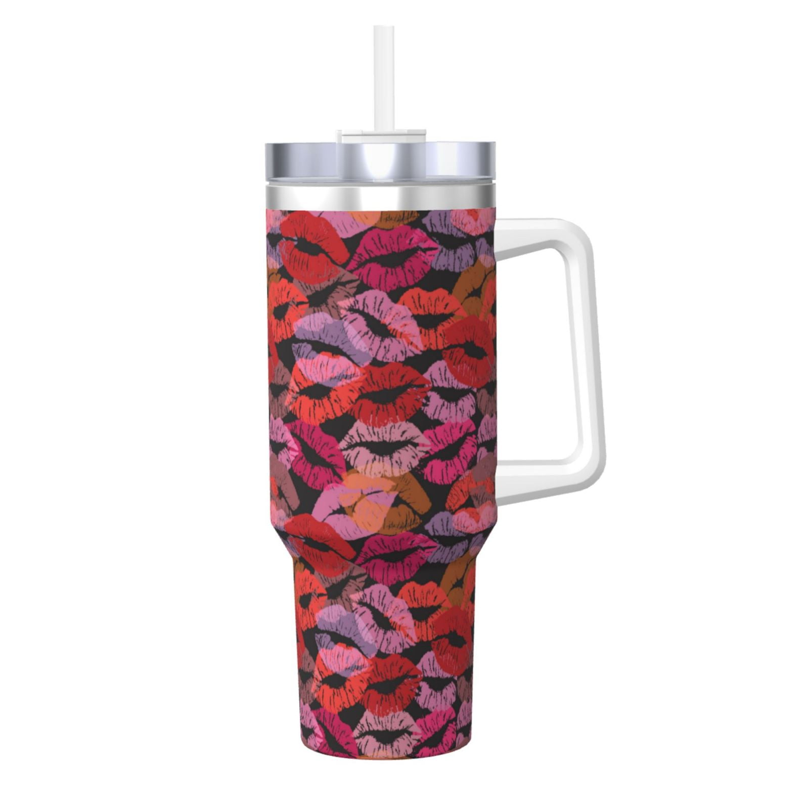 Logiee Red Lips Kissing Print 40OZ Ice Bully Cup with Handle and Straw ...