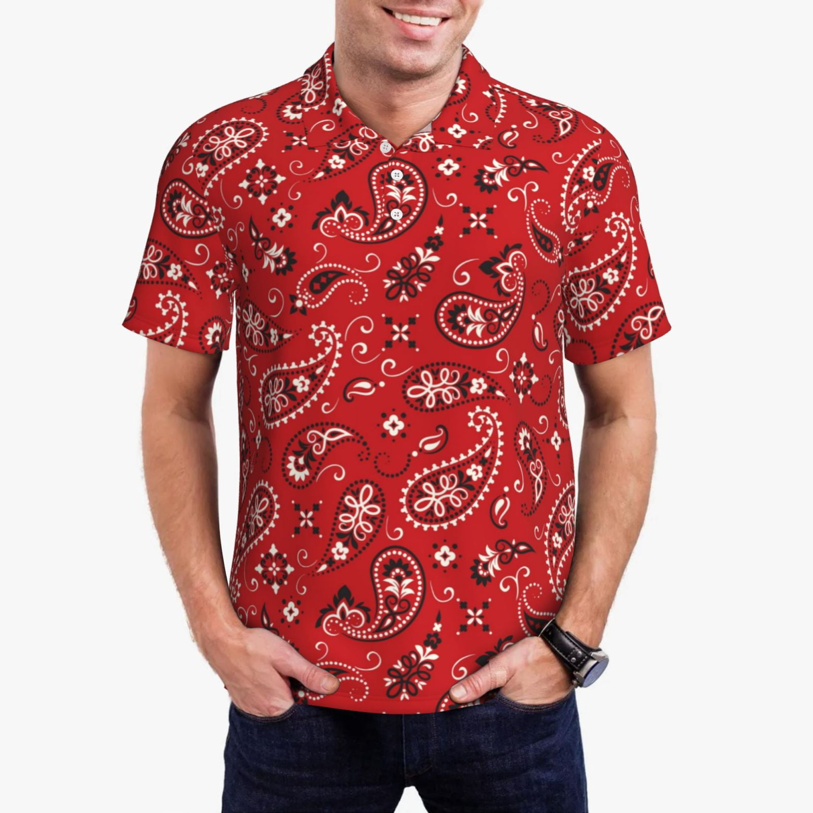 Logiee Red Paisley Floral Print Mens Polo Shirts,Mens Golf Polo Shirts ...