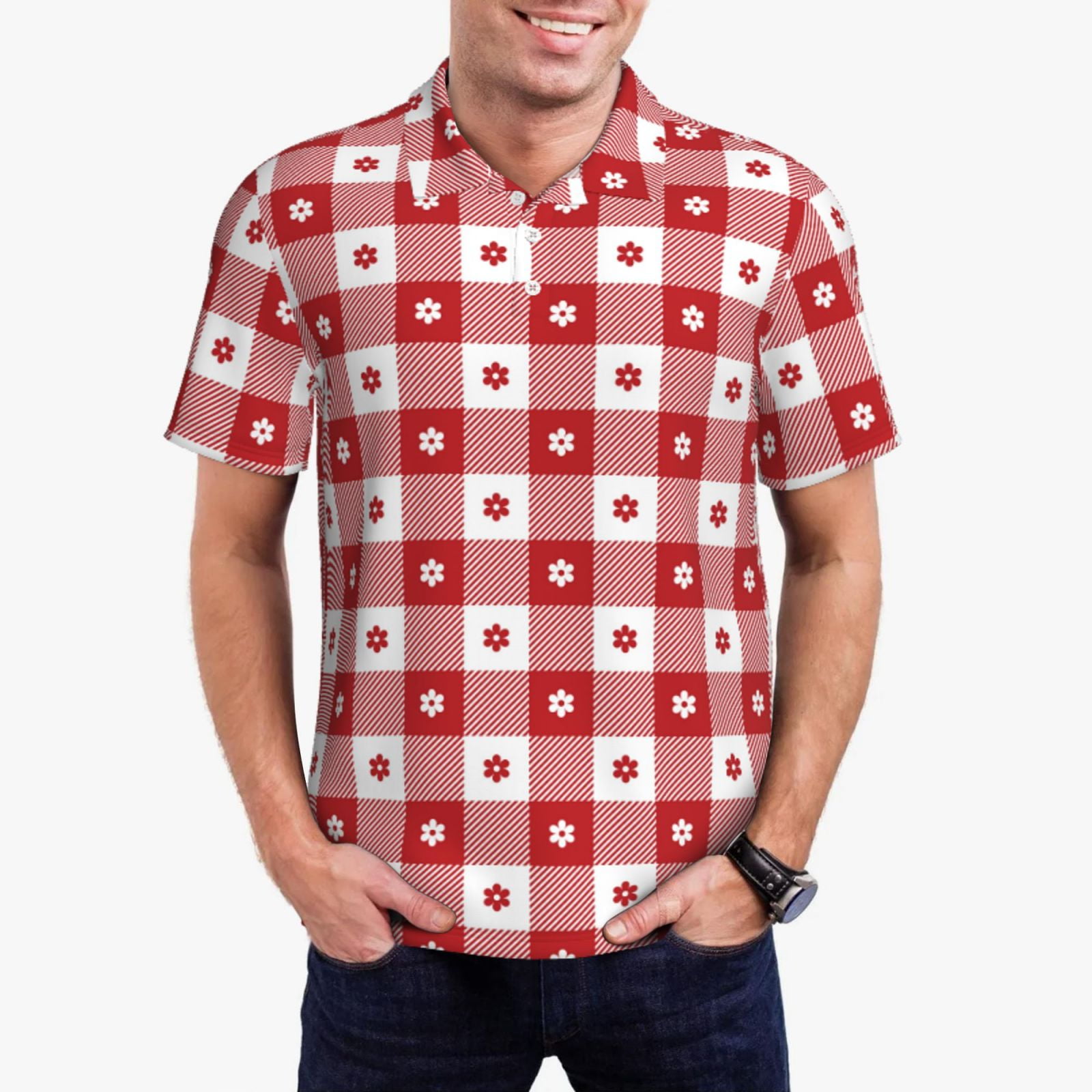 Logiee Red Plaid Daisy Print Mens Polo Shirts,Mens Golf Polo Shirts ...