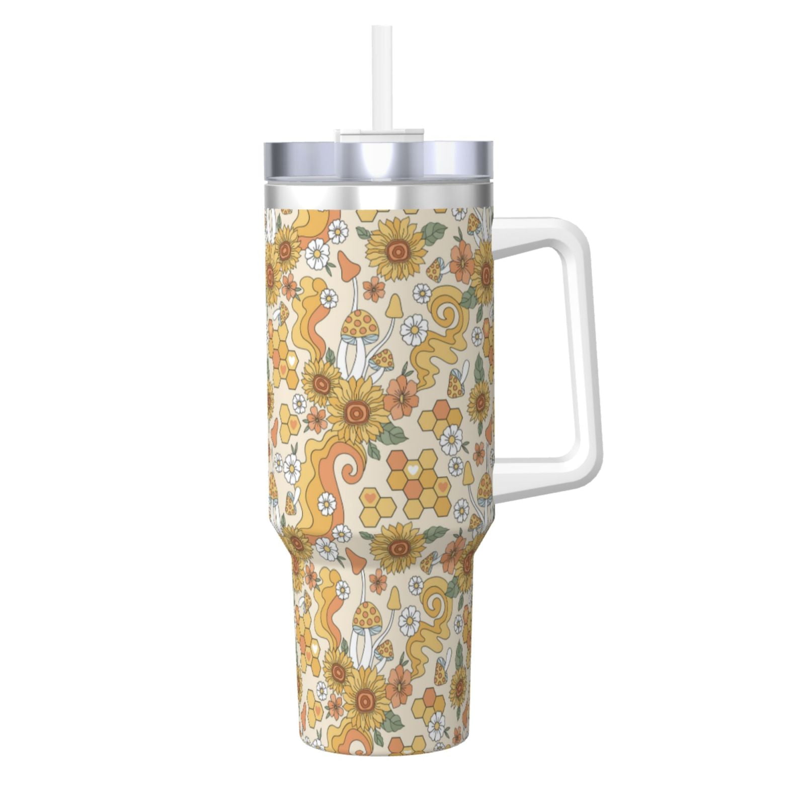 Logiee Retro 70s 60s Flower Print 40OZ Ice Bully Cup with Handle and ...