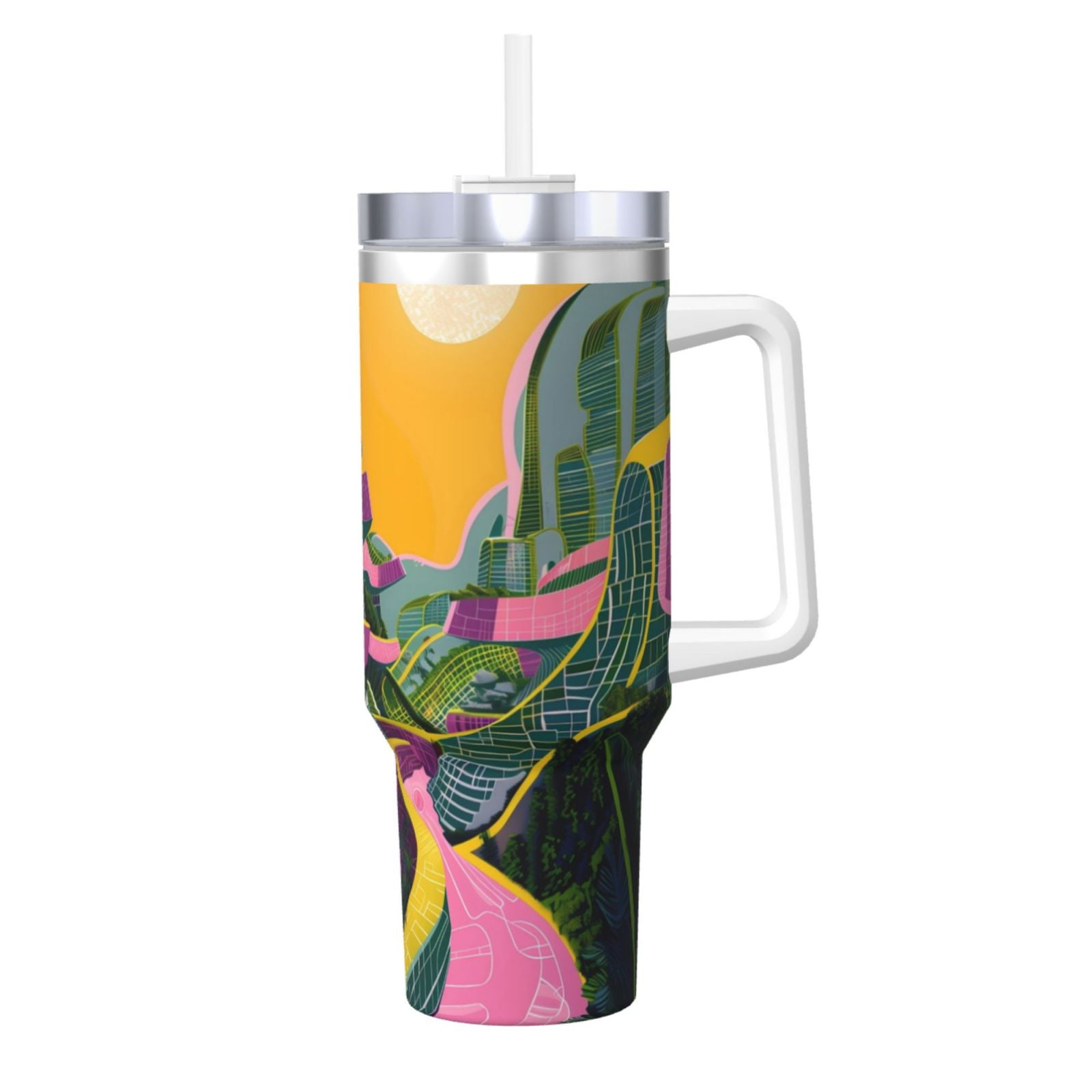 Logiee Retro Futuristic Landscape Print 40OZ Ice Bully Cup with Handle ...