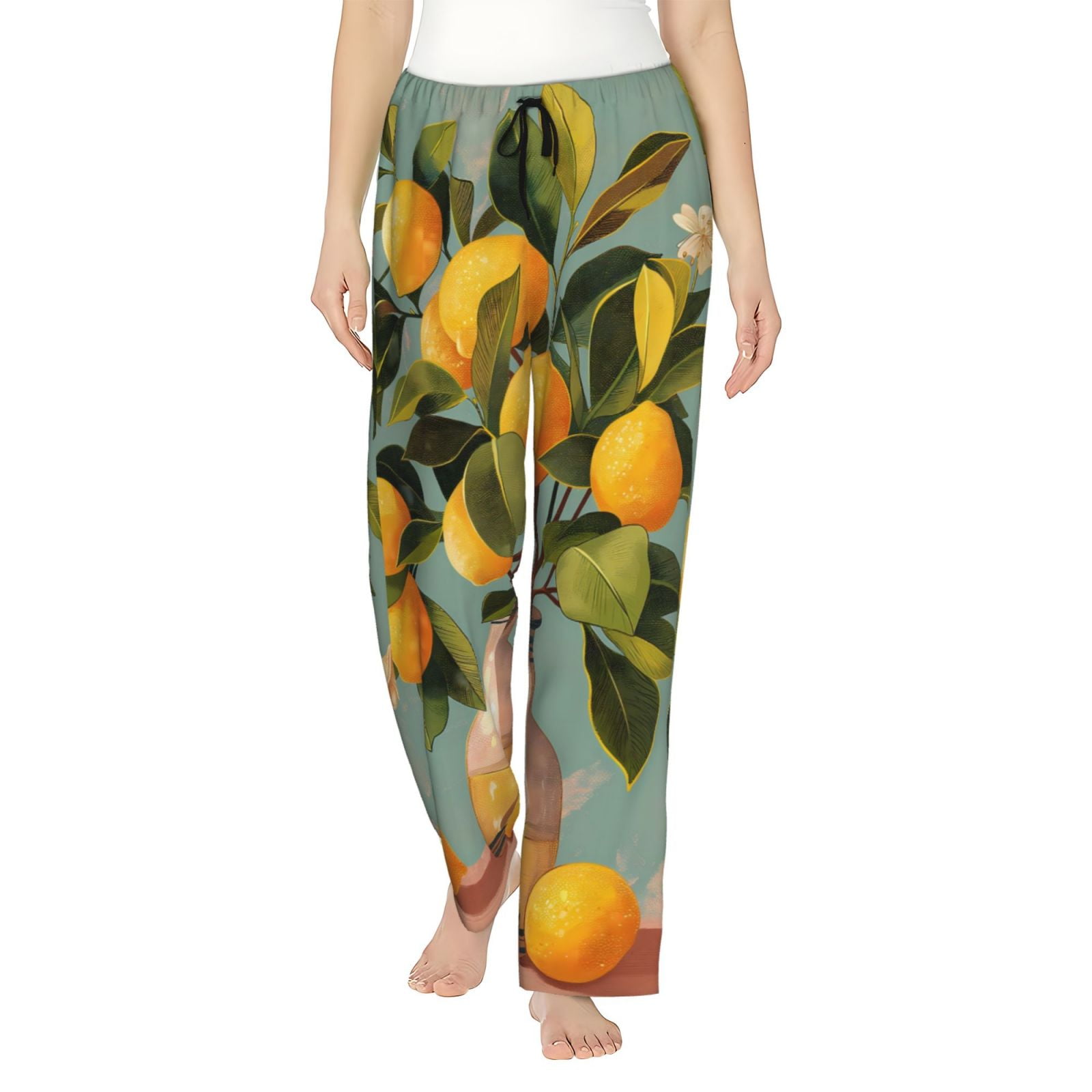 Logiee Retro Warm Lemon Flower Print Women Pajama Pants,Comfy Pj Bottom ...