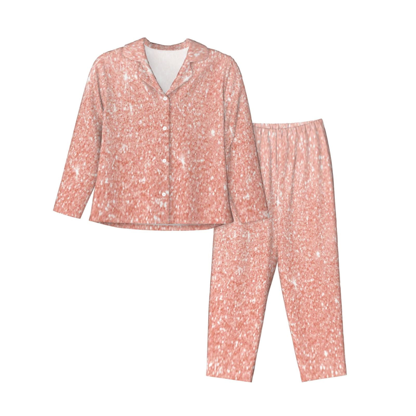 Logiee Rose Gold Glitter Print Womens Pajamas Set,Long Sleeve Sleepwear ...