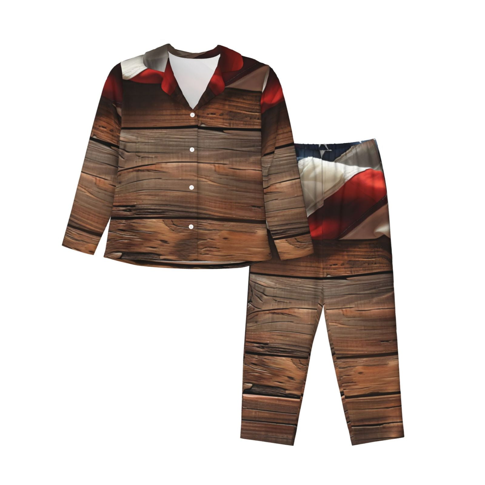 Logiee Rustic American Flag Wood Print Womens Pajamas Set,Long Sleeve ...