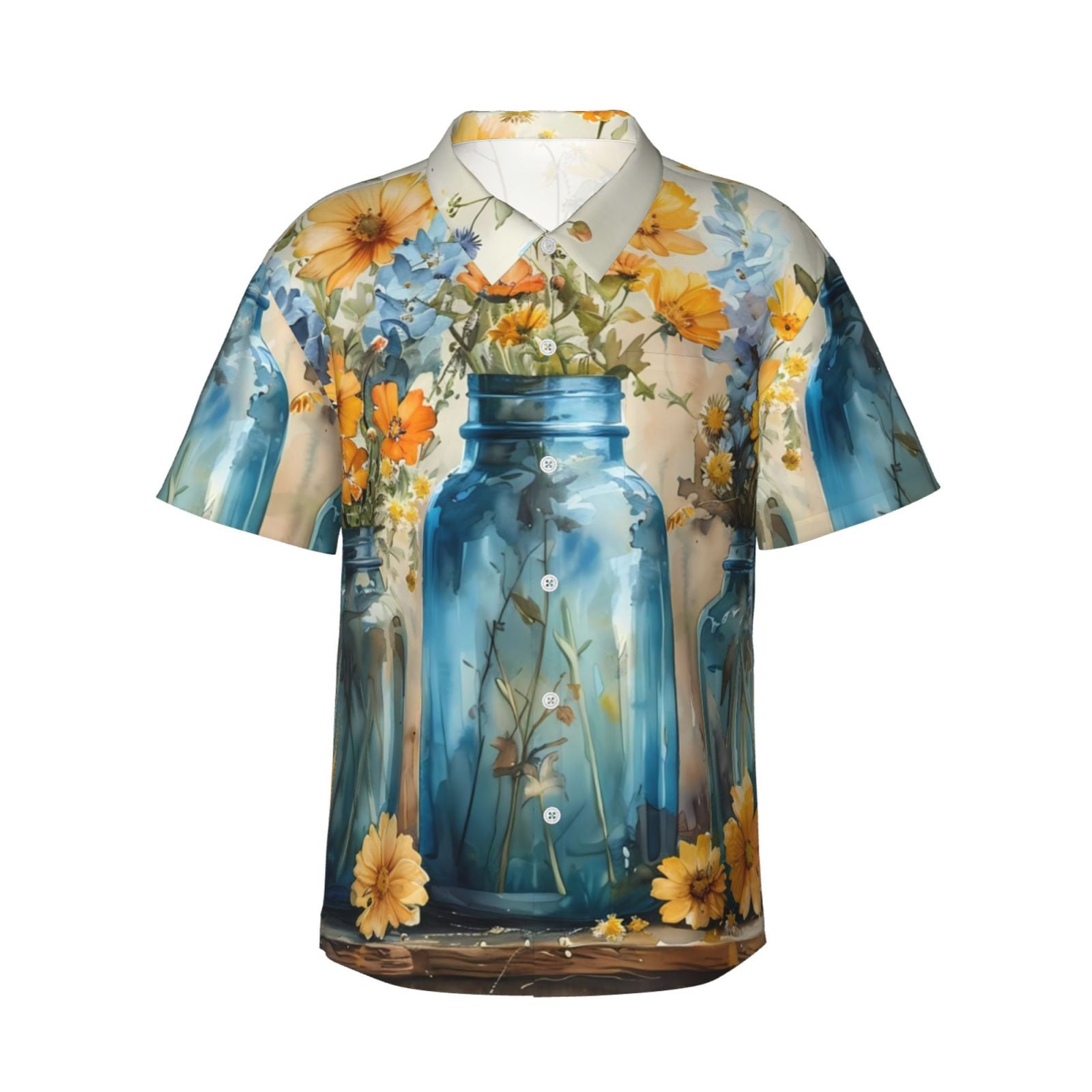 Logiee Rustic Blue Vase Blossoms Print Mens Hawaiian Shirts,Loose-Fit ...