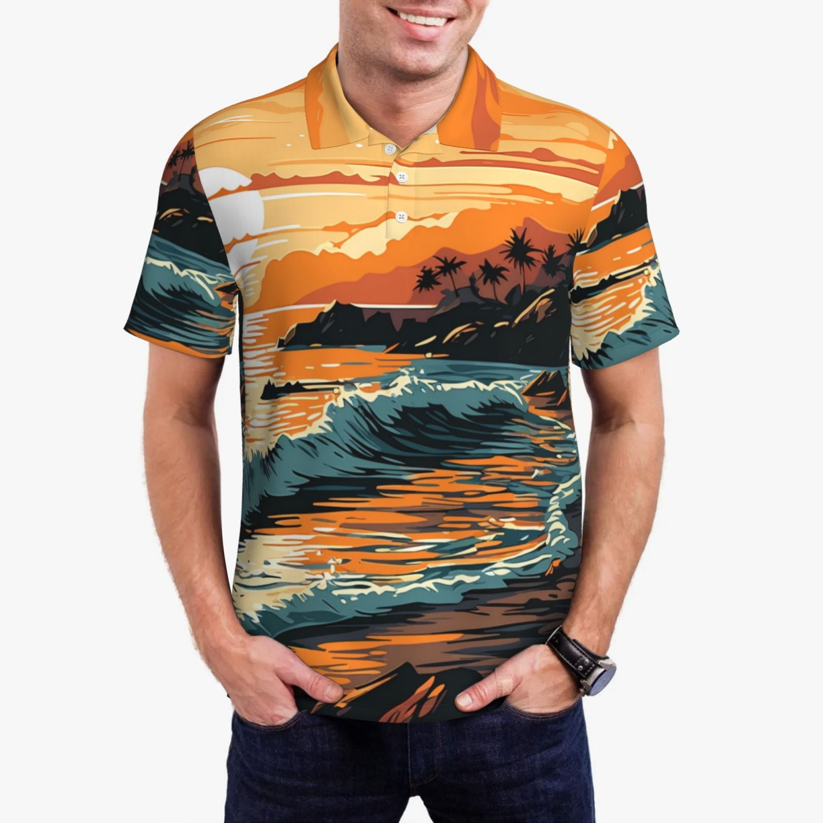 Logiee Serene Ocean Sunset Print Mens Polo Shirts,Mens Golf Polo Shirts ...