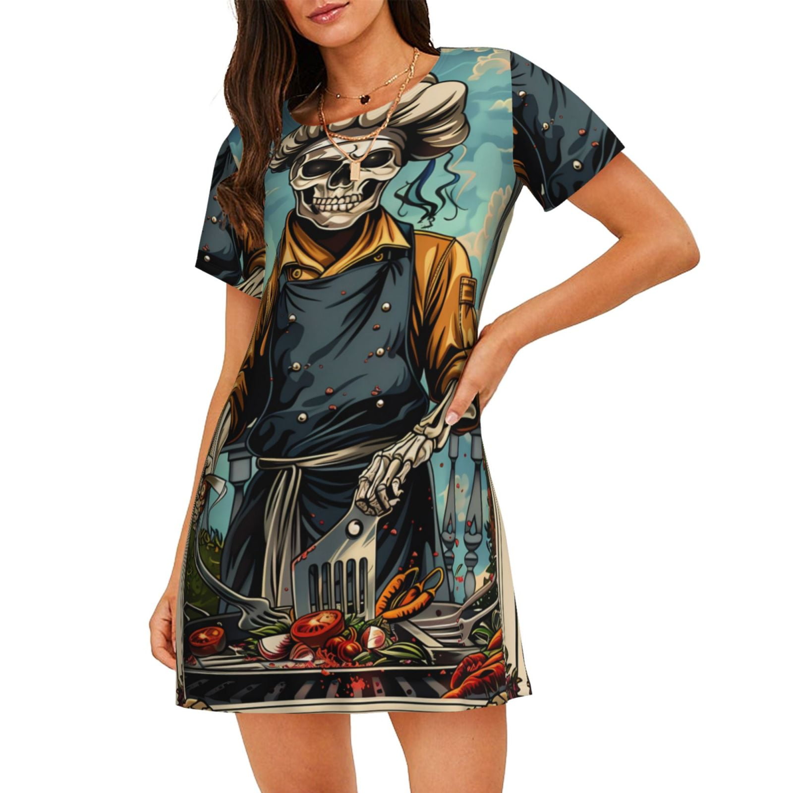 Logiee Skeleton Chef BBQ Scene Print Nightgowns for Women,Soft Short ...