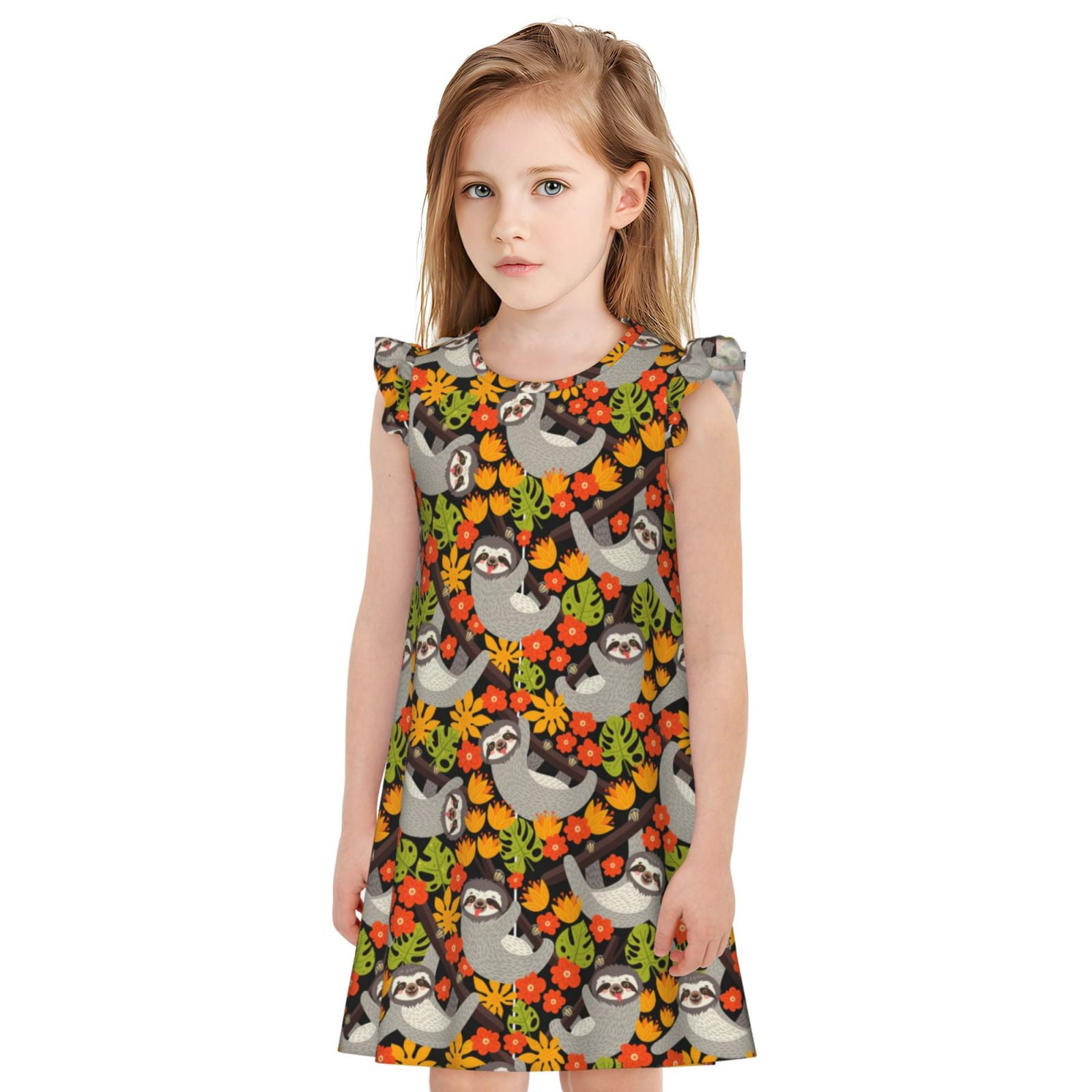 Logiee Sloth on the Branch Print Girls Nightgowns,Casual Dress Flutter ...