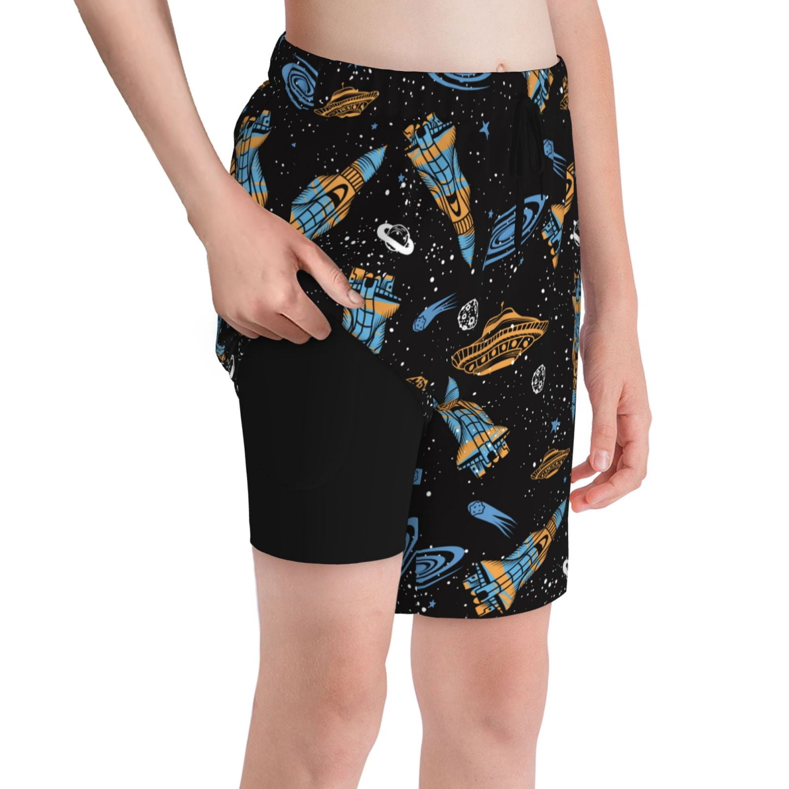 Logiee Space Rocket Print Boys Swim Trunks with Compression Liner,Teen ...