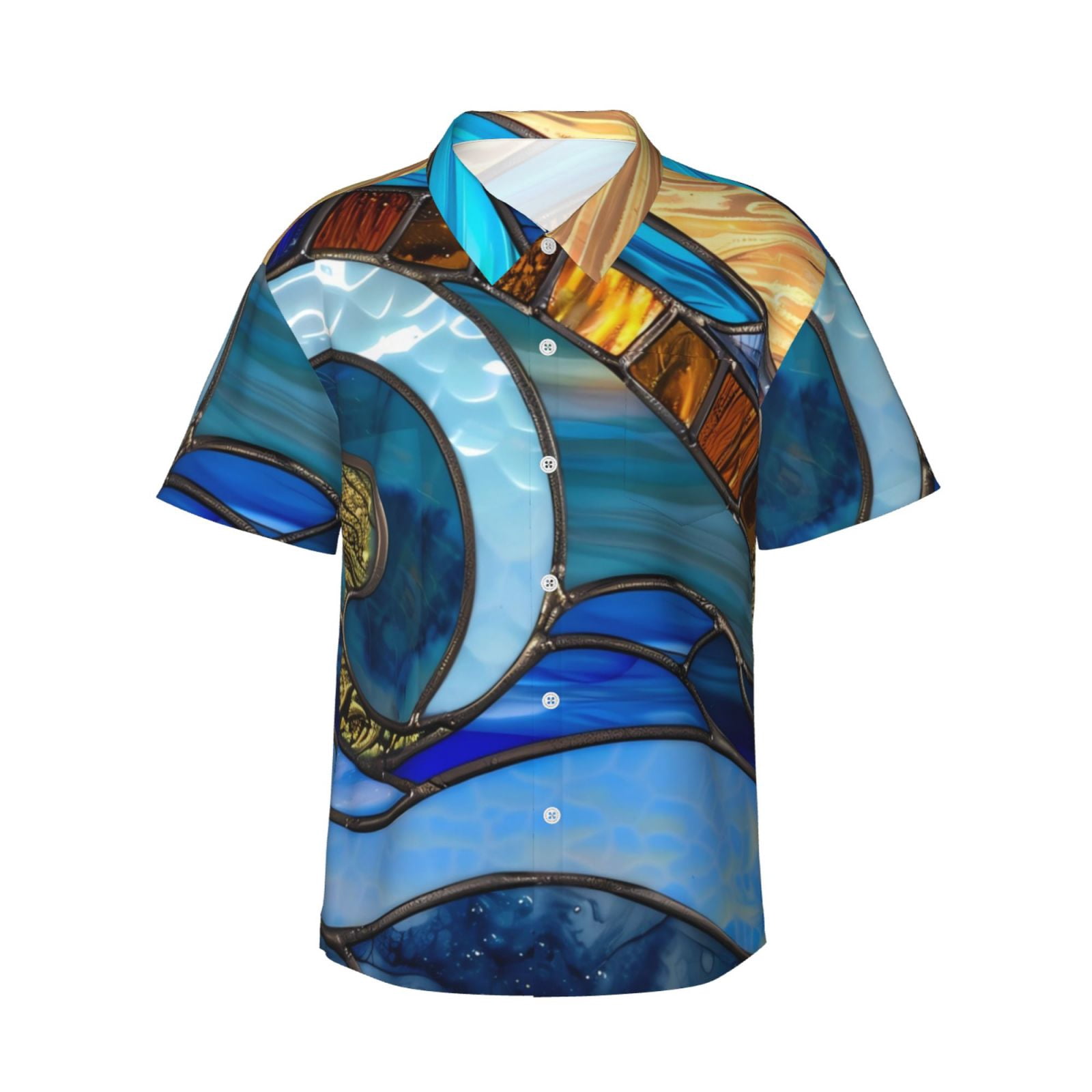 Logiee Stained Glass Ocean Wave Print Mens Hawaiian Shirts,Loose-Fit ...