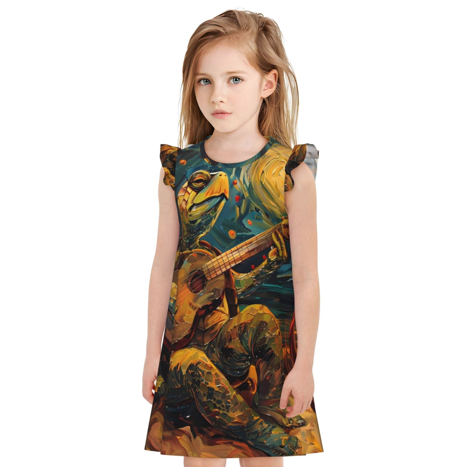 Logiee Starry Night Guitar Turtle Print Girls Nightgowns,Casual Dress ...