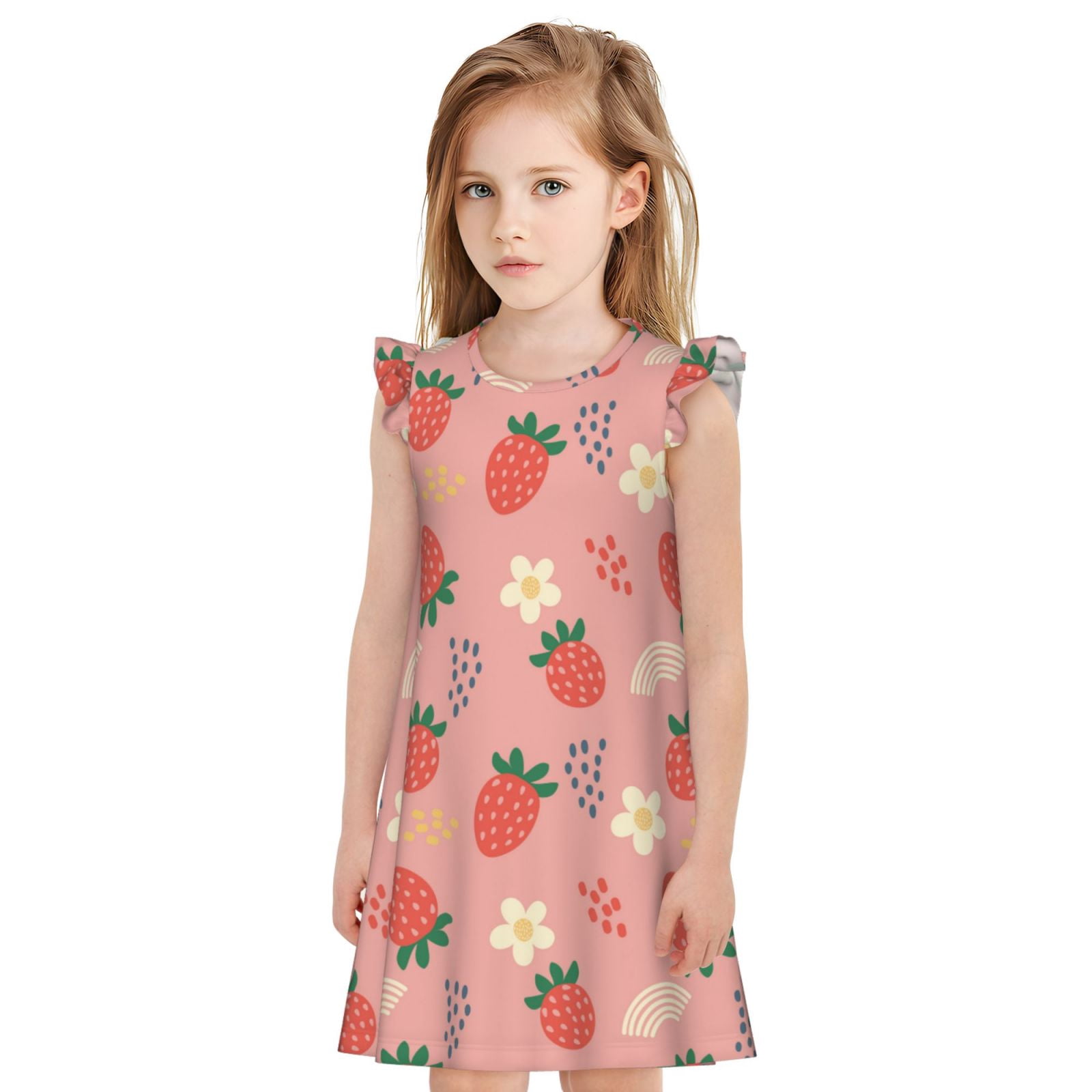Logiee Strawberry Floral Print Girls Nightgowns,Casual Dress Flutter ...