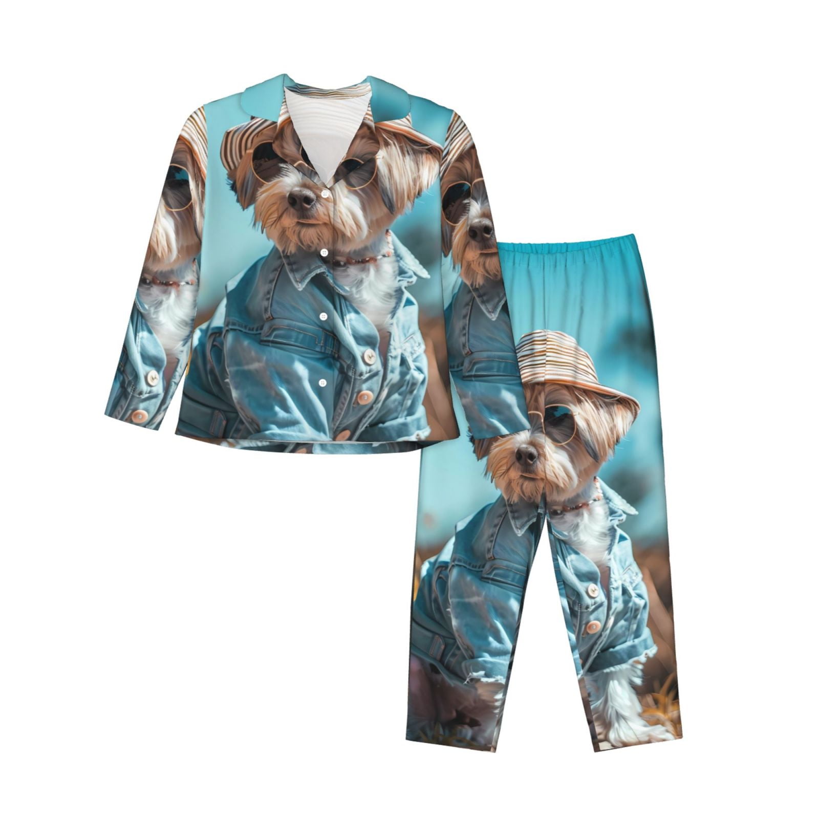 Logiee Stylish Dog in Denim Outfit Print Womens Pajamas Set,Long Sleeve ...