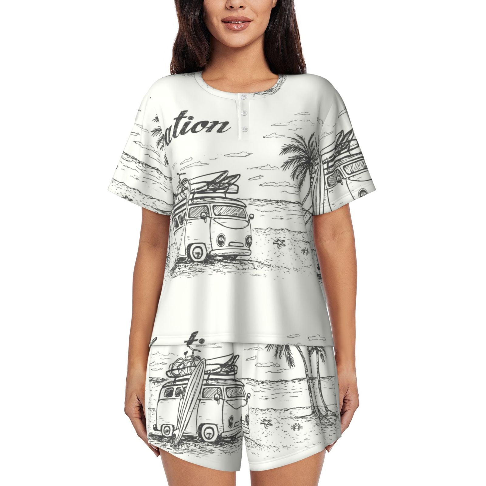 Logiee Summer Vacation Scene With Camping Van Print Womens Pajamas Set ...