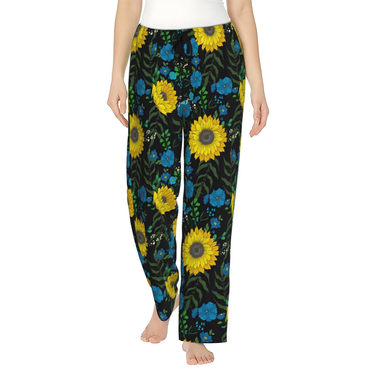 Logiee Sunflowers And Blue Flower Print Women Pajama Pants,Comfy Pj ...