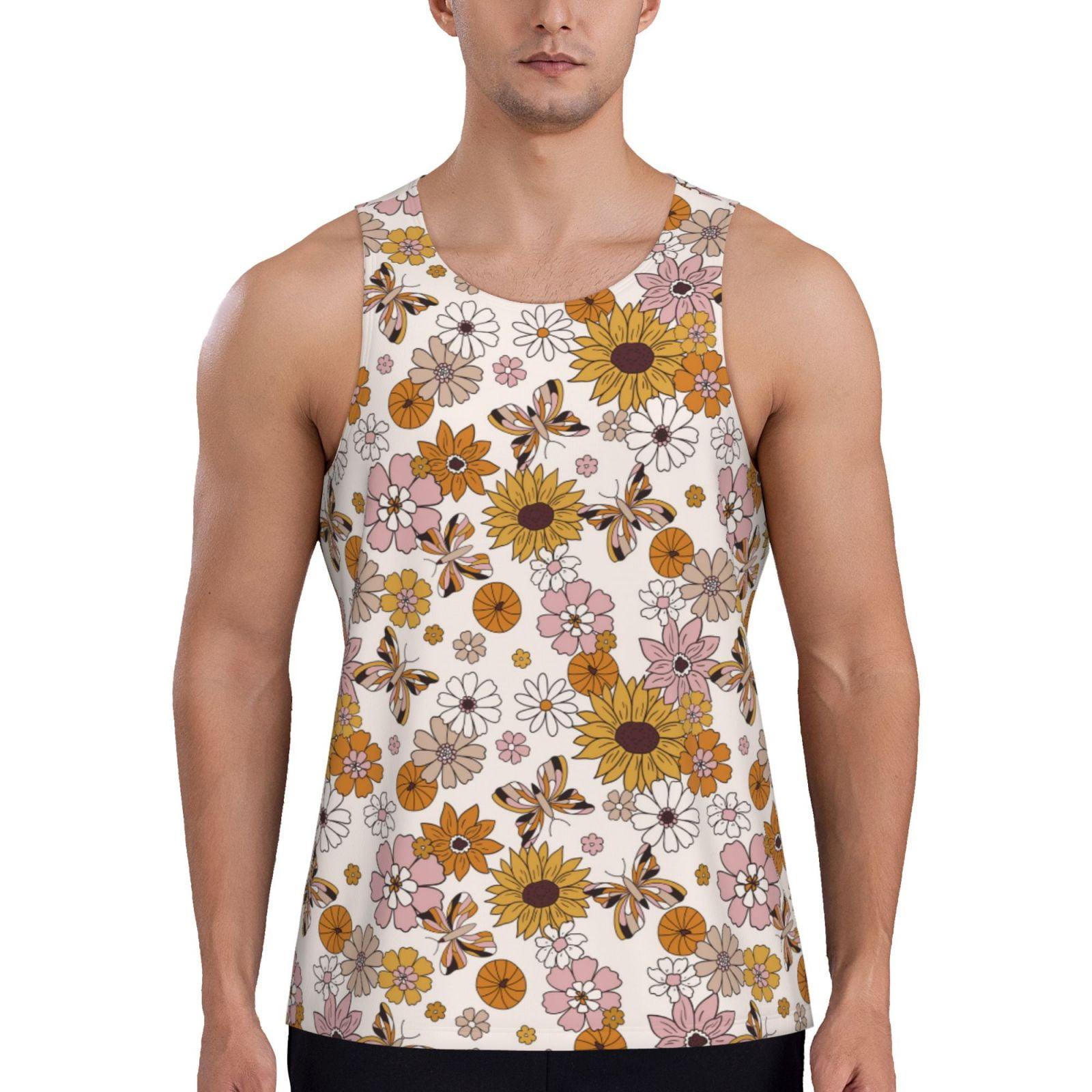 Logiee Sunflowers And Butterflies Print Men's Workout Tank Top,Quick ...