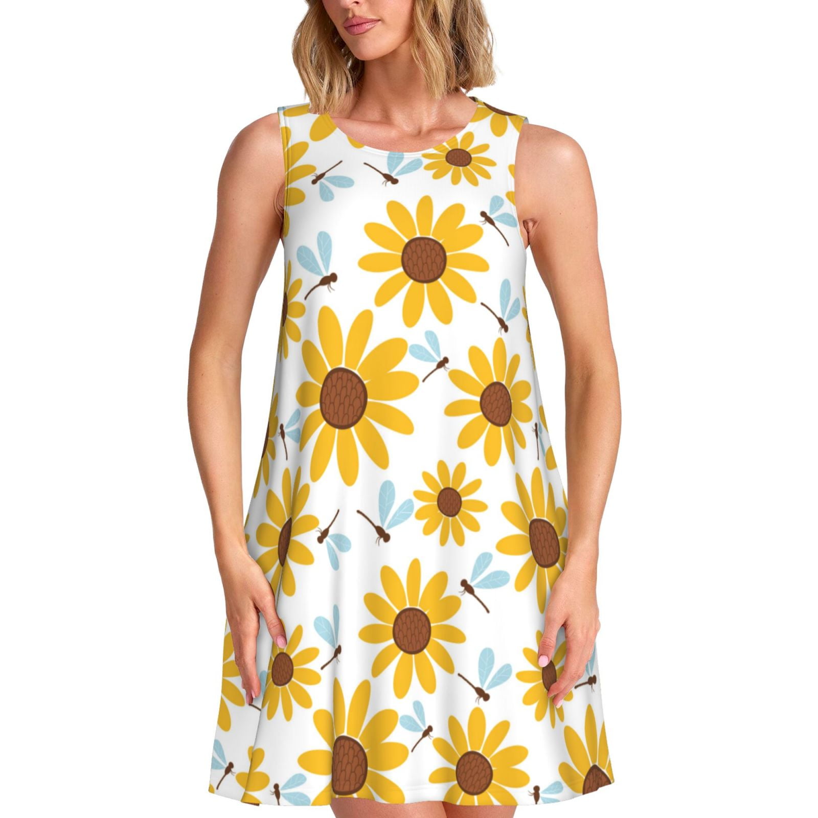 Logiee Sunflowers Print Summer Dresses for Women,Beach Sleeveless Flowy ...