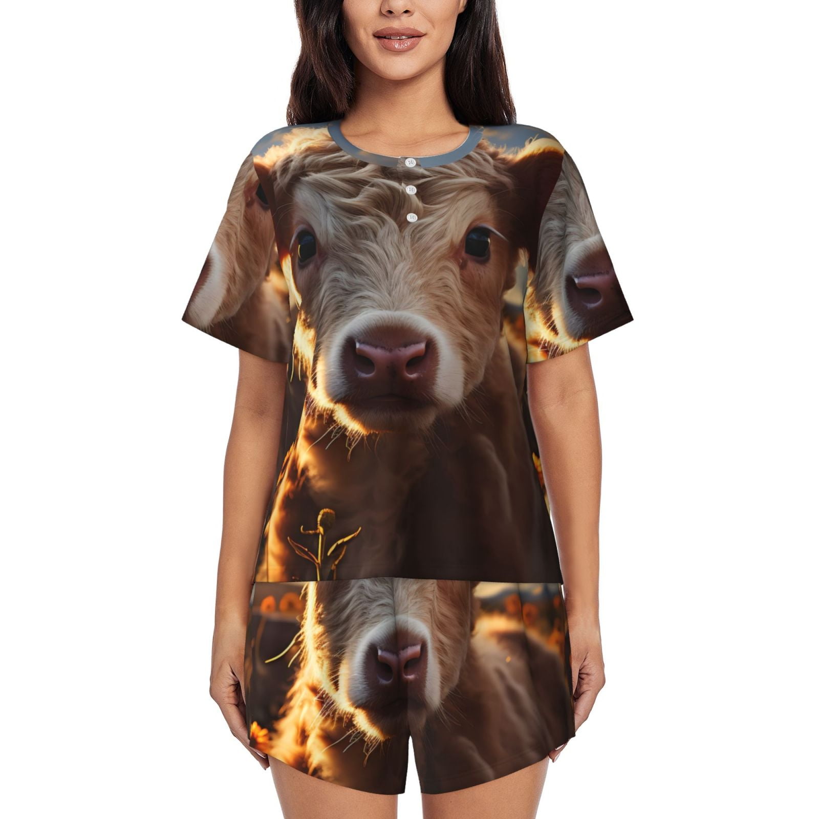 Logiee Sunset Sunflower Small Cow Print Womens Pajamas Set,Short-Sleeve ...