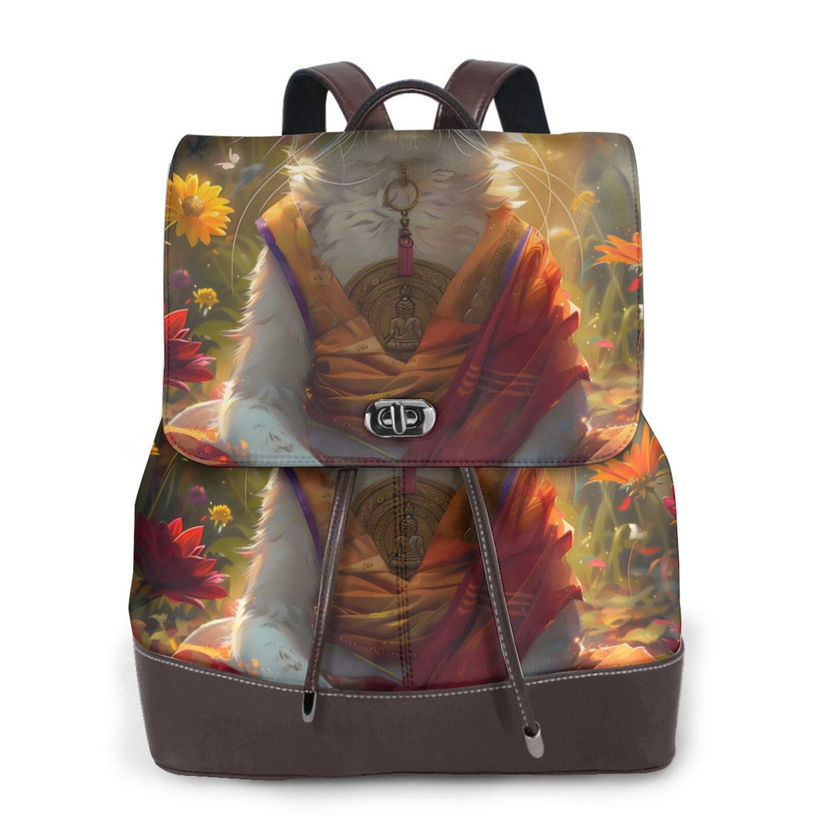 Logiee Sunshine Flower Meditating Cat Print Backpack Purse for Women ...