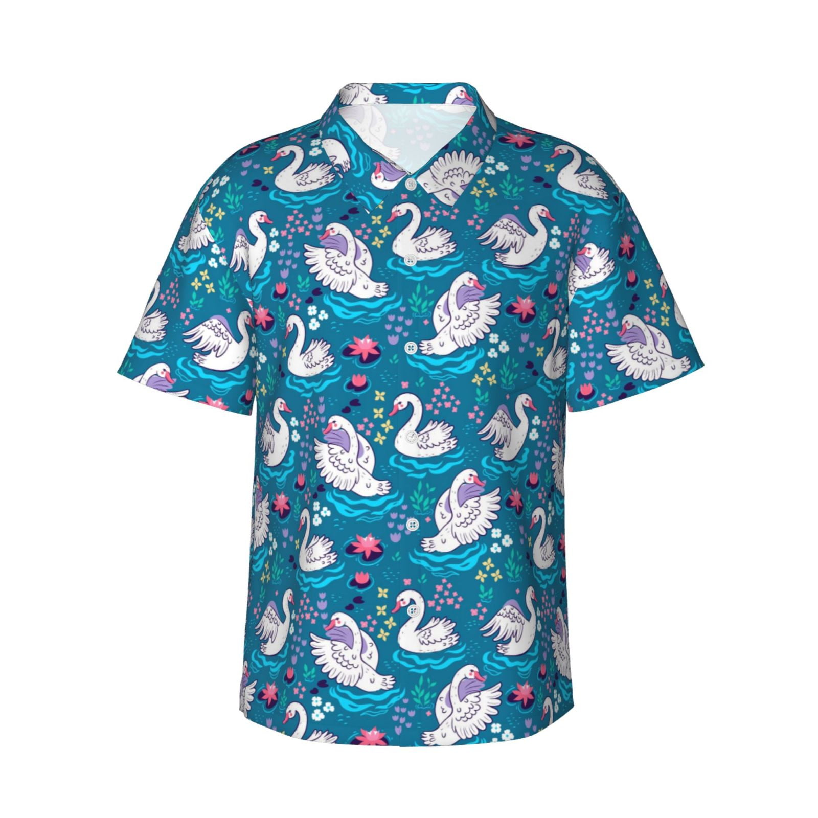 Logiee Swan On The Pond Print Mens Hawaiian Shirts,Loose-Fit Short ...
