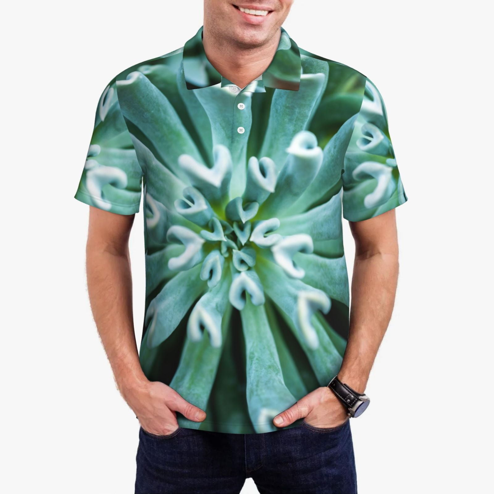 Logiee Teal Cactus Print Mens Polo Shirts,Mens Golf Polo Shirts,Short ...