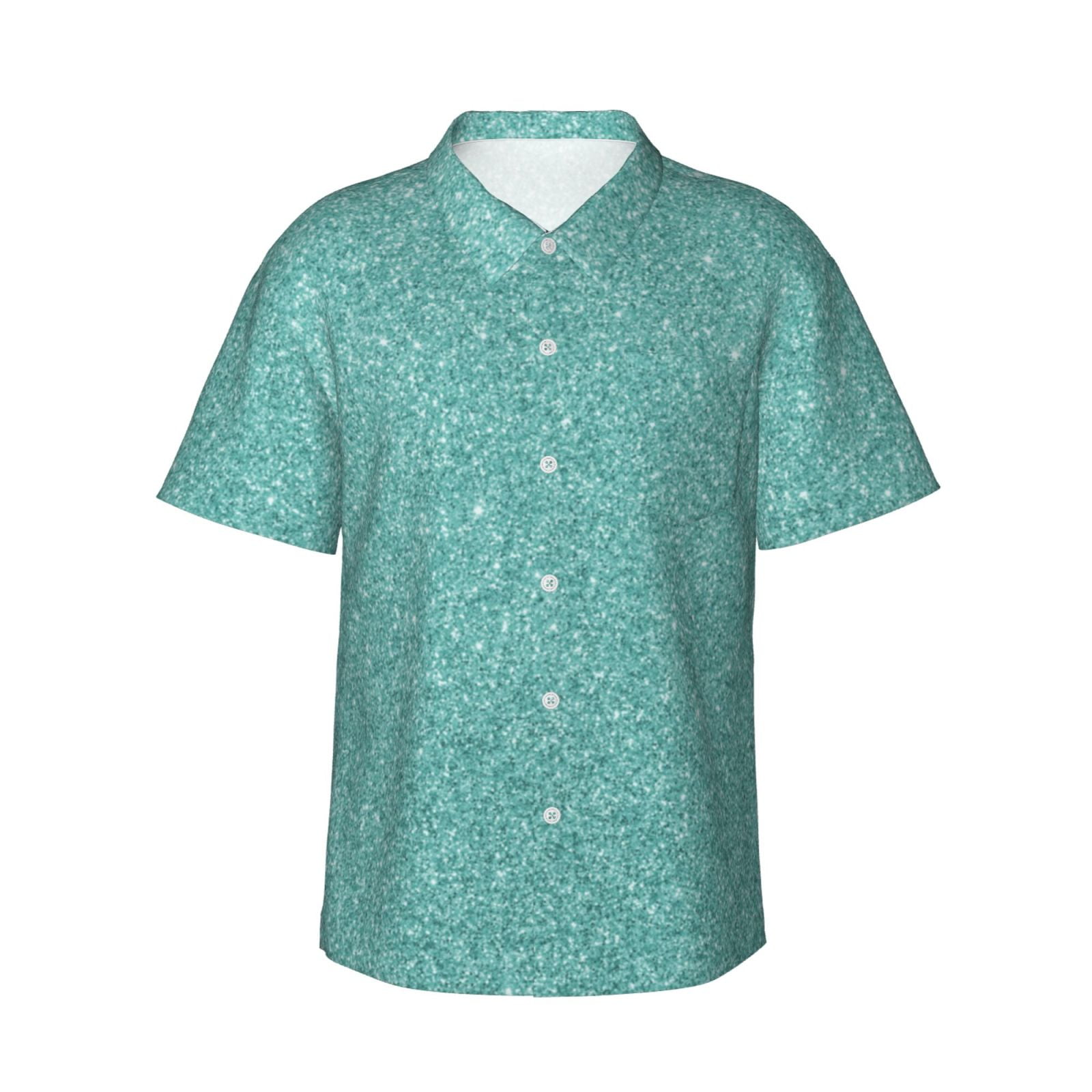 Logiee Teal Green Glitter Print Mens Hawaiian Shirts,Loose-Fit Short ...