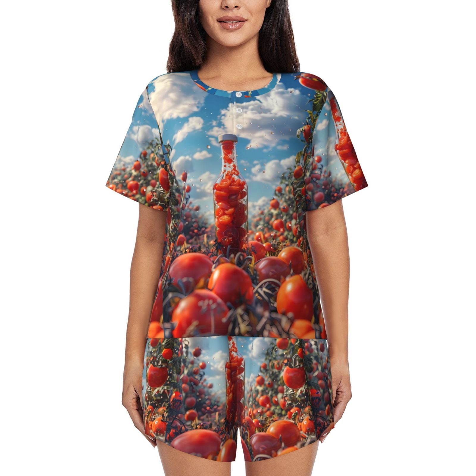 Logiee Tomato Field Bottle Print Womens Pajamas Set,Short-Sleeve Pajama ...