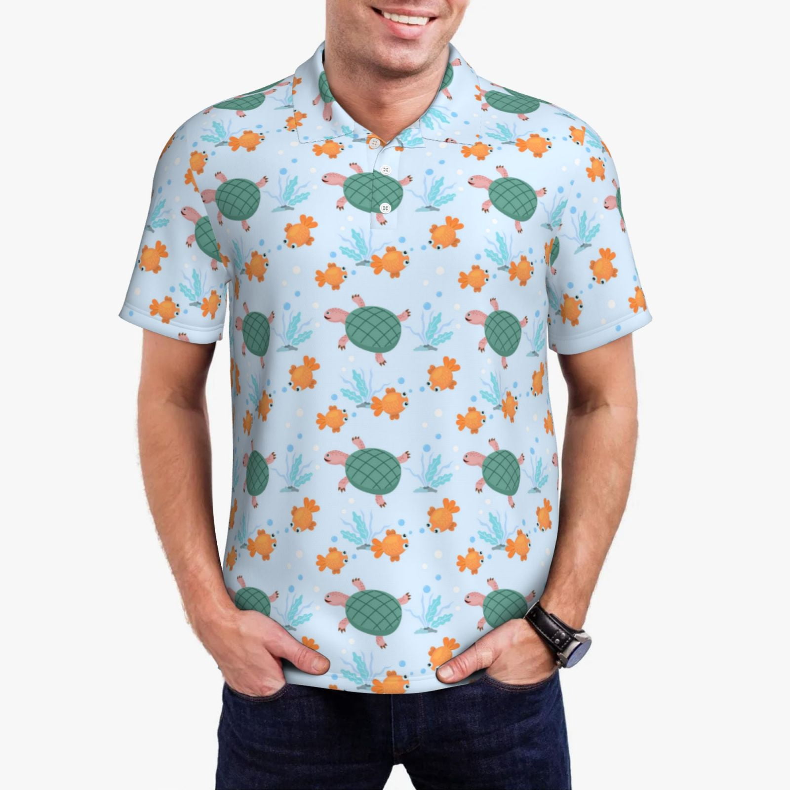 Logiee Turtles And Goldfish Print Mens Polo Shirts,Mens Golf Polo ...