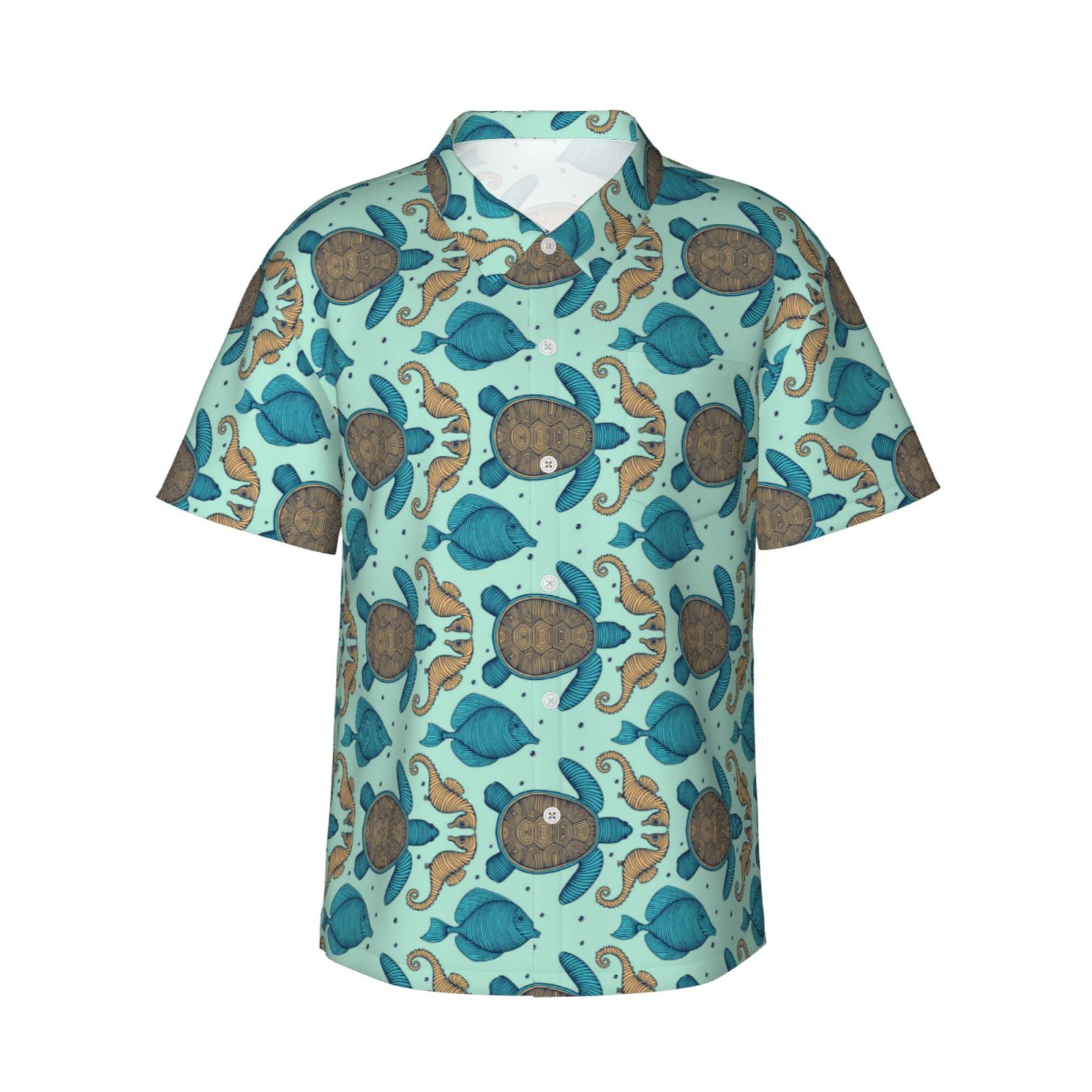 Logiee Turtles And Seahorses Print Mens Hawaiian Shirts,Loose-Fit Short ...