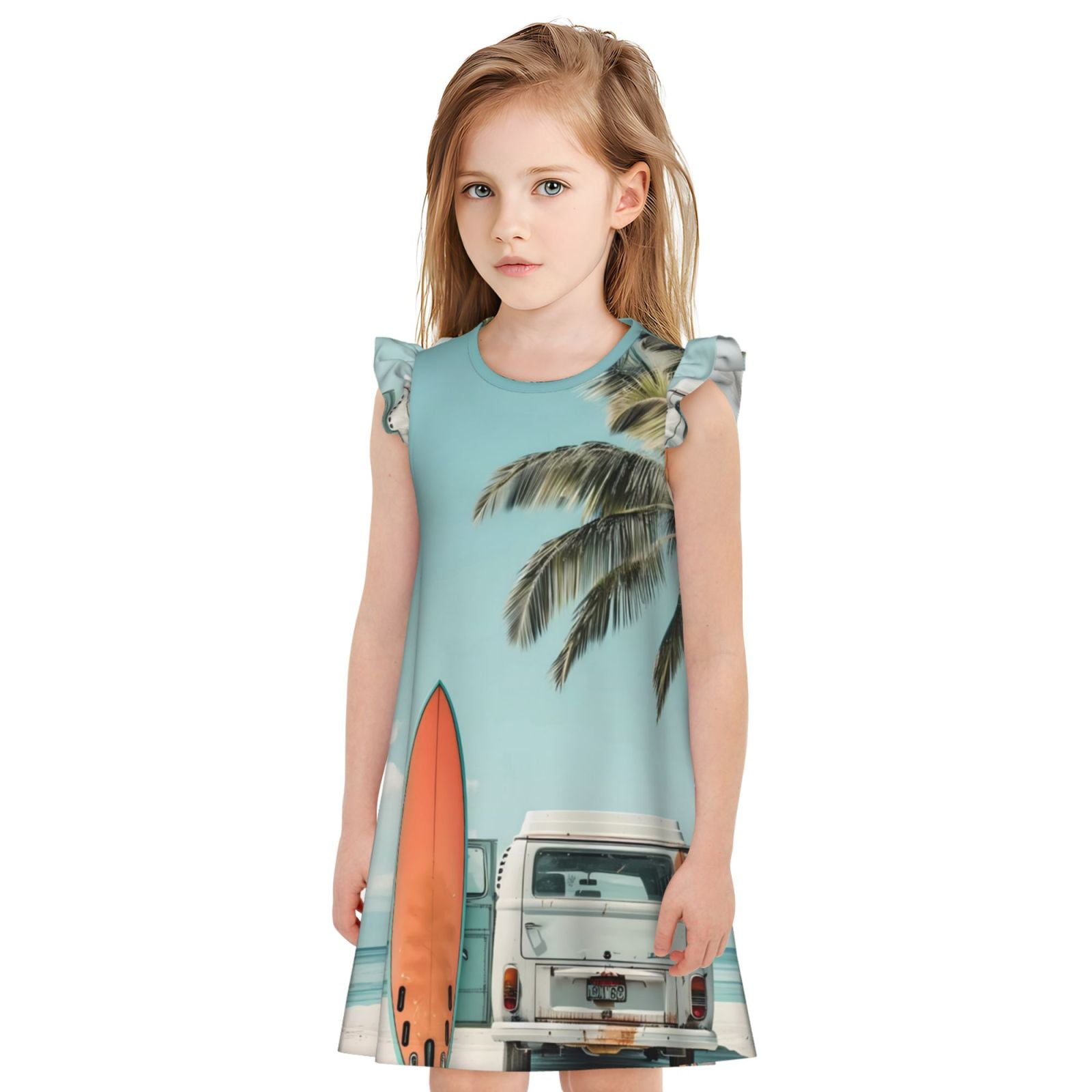 Logiee Vintage Surf Van Beach Print Girls Nightgowns,Casual Dress Flutter,Short Sleeves ...