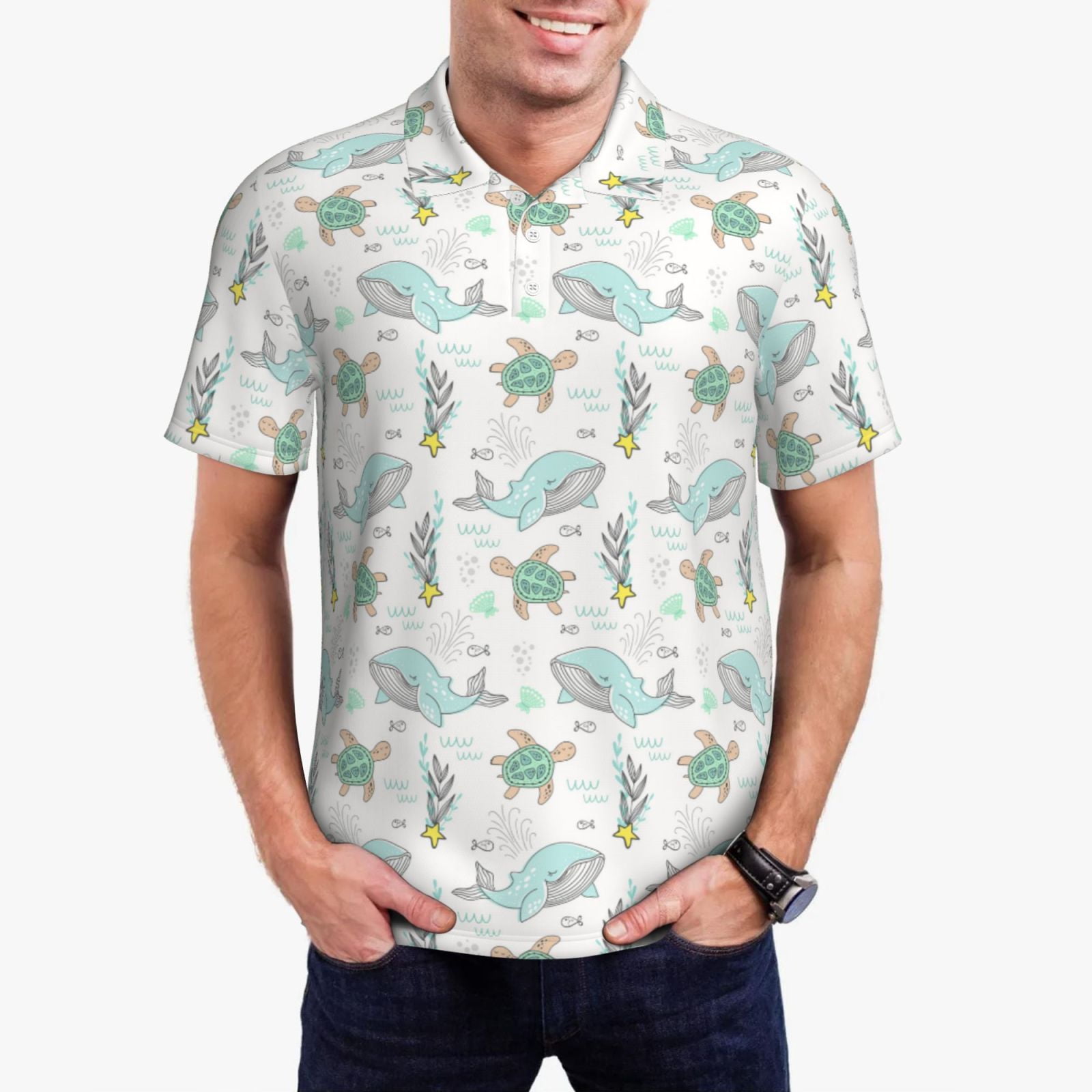 Logiee Whale And Turtle Print Mens Polo Shirts,Mens Golf Polo Shirts ...