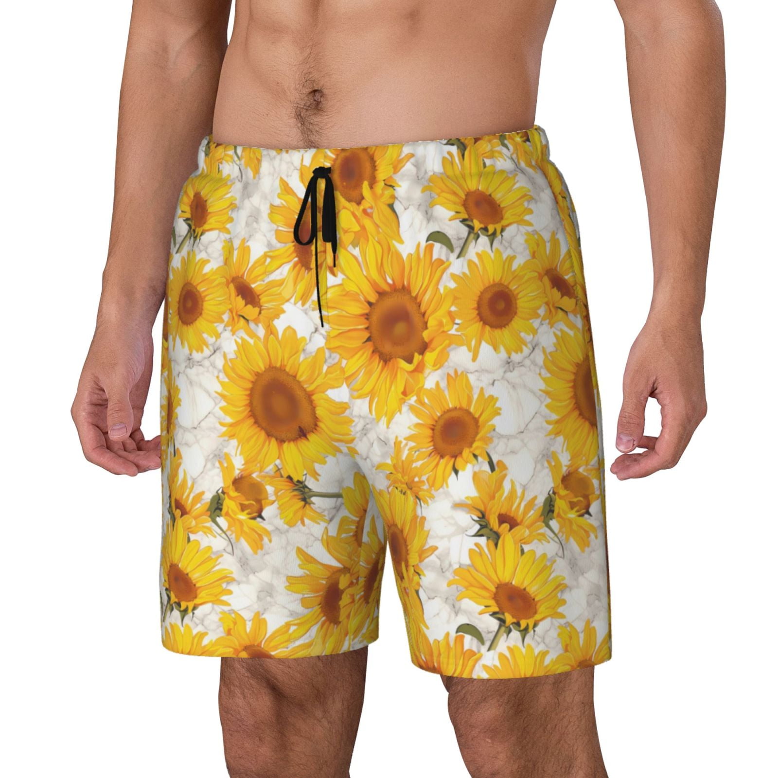 Logiee White Marble Pattern Sunflower Print Men's Swim Trunk,Quick Dry ...