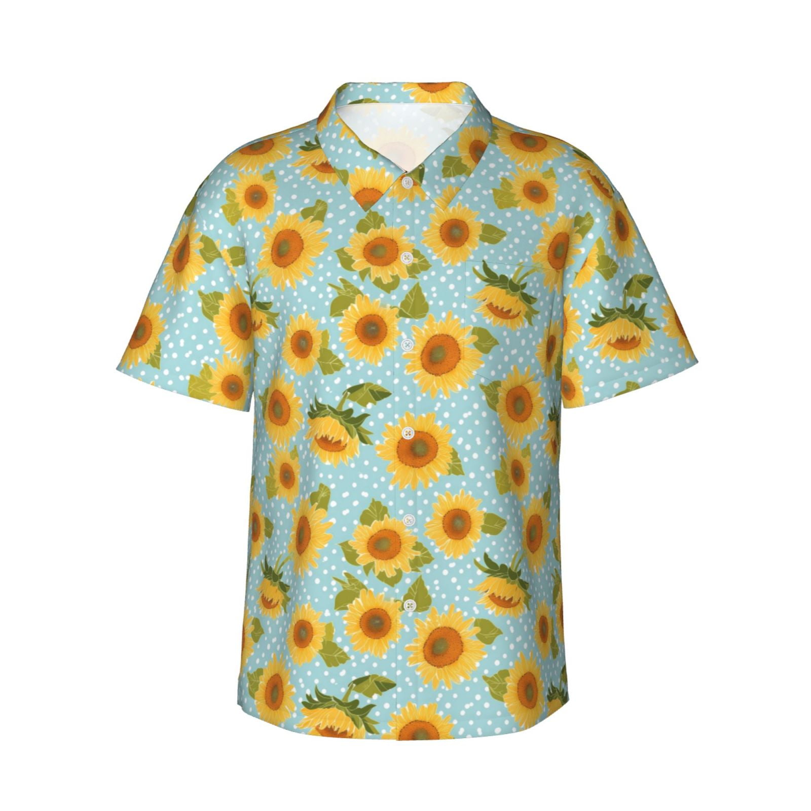 Logiee White Polka Dot Sunflower A Print Mens Hawaiian Shirts,Loose-Fit Short Sleeve Button Down ...