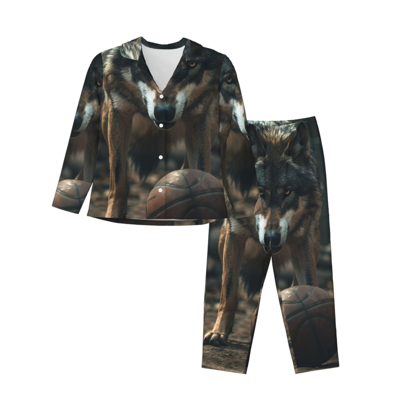 Logiee Wolf With Basketball Print Womens Pajamas Set,Long Sleeve ...