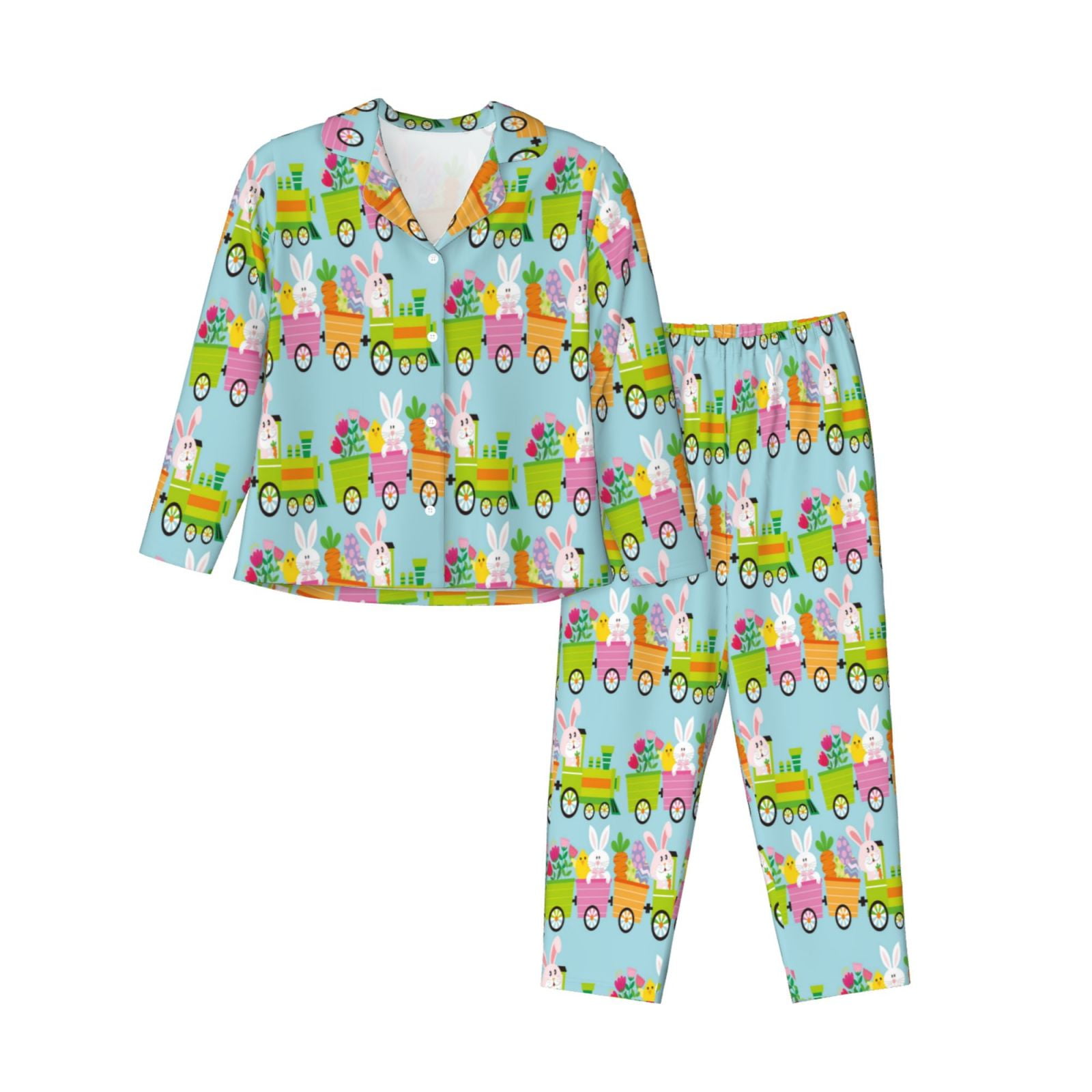 Logiee bunnies and chicks on a train Print Womens Pajamas Set,Long ...