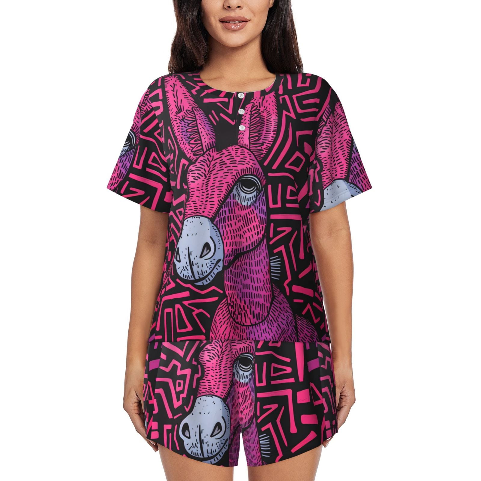 Logiee ink Donkey Pop Art Print Womens Pajamas Set,Short-Sleeve Pajama ...