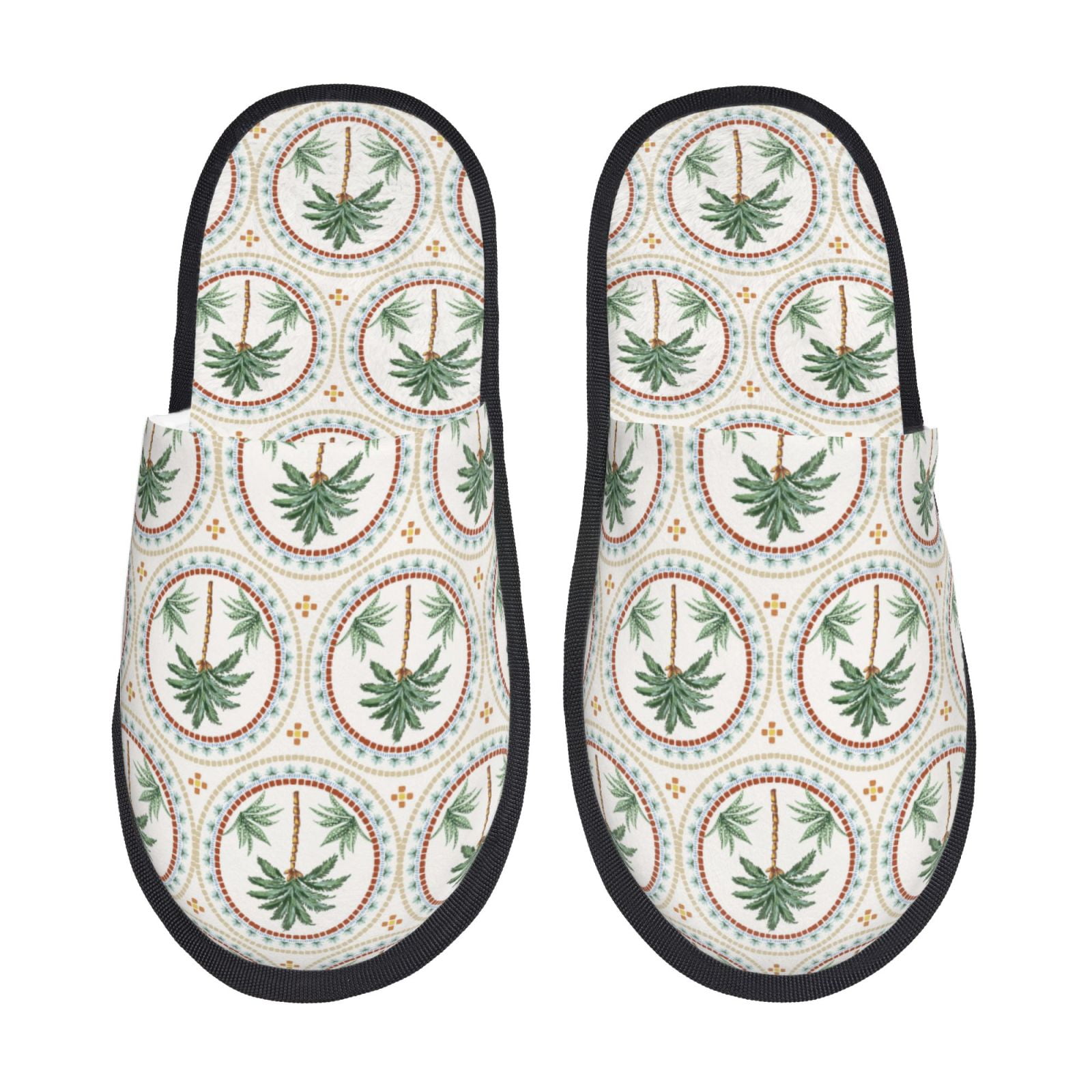 Logiee palm trees Print Fuzzy Scuff Slippers,Soft Comfy Non-slip Indoor ...
