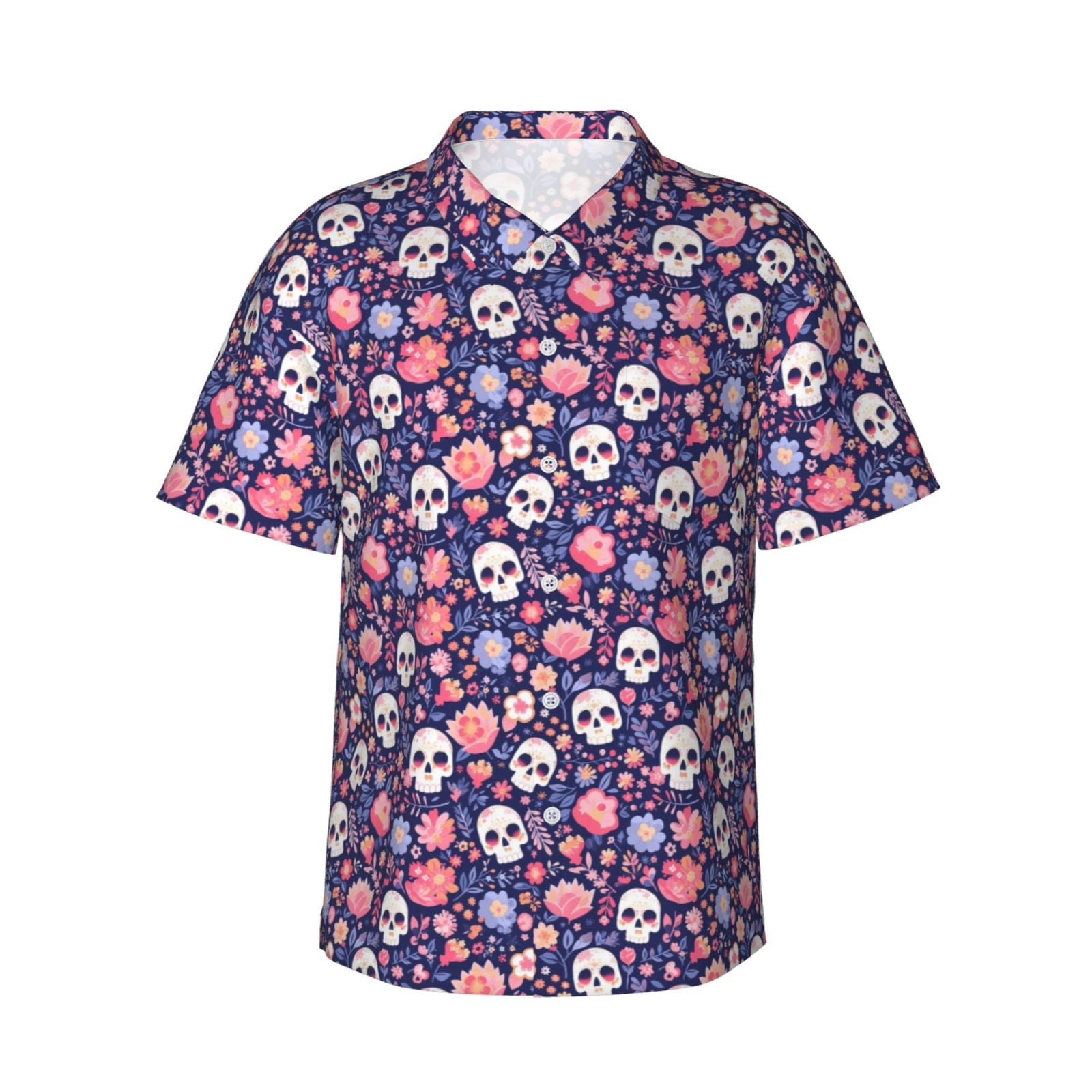 Logiee white Skull Flower Print Mens Hawaiian Shirts,Loose-Fit Short ...