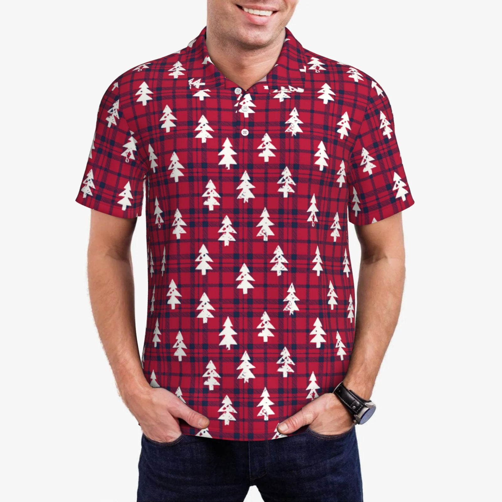 Logiee white Tree red plaid Print Mens Polo Shirts,Mens Golf Polo ...