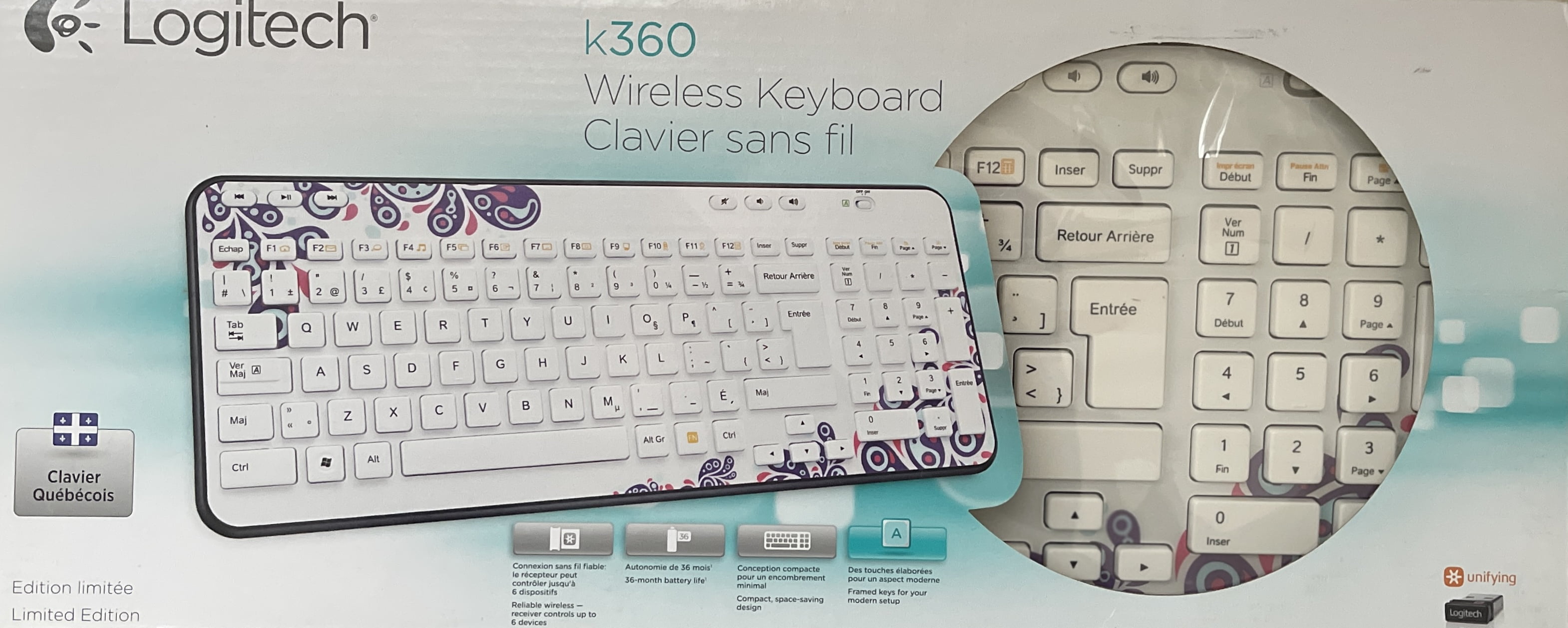 Logitech Wireless Keyboard K360 - White, Purple Paisley Limited Edition ...