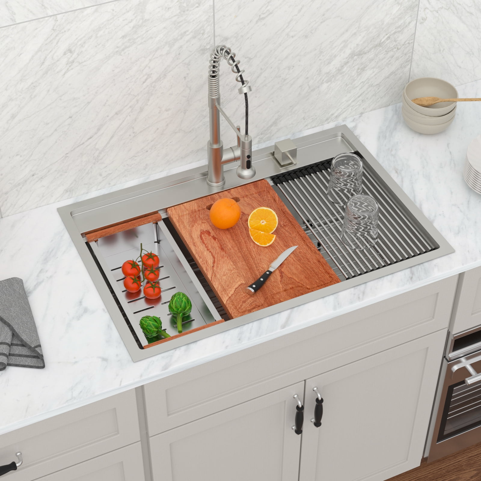 Logmey 33x22 Inch Drop-In Workstation Stainless Steel Kitchen Sink with ...