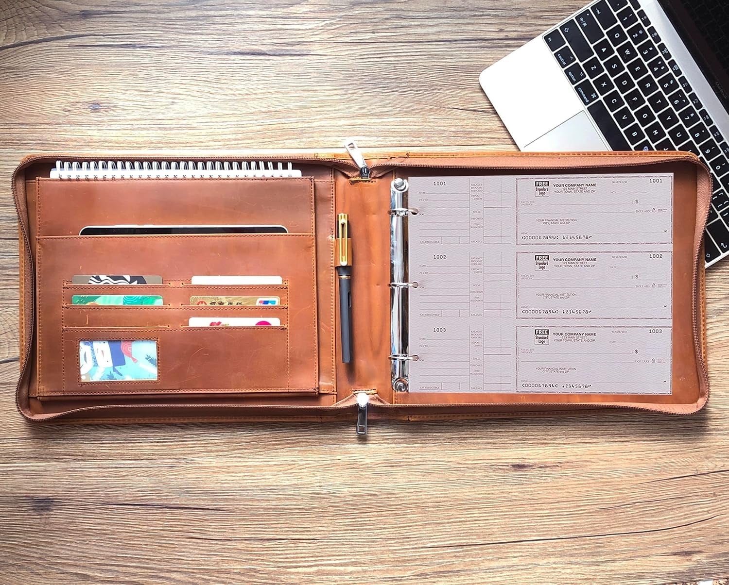 Logo Name Engraved 3 Ring Check Binder, Genuine Leather Check Book ...