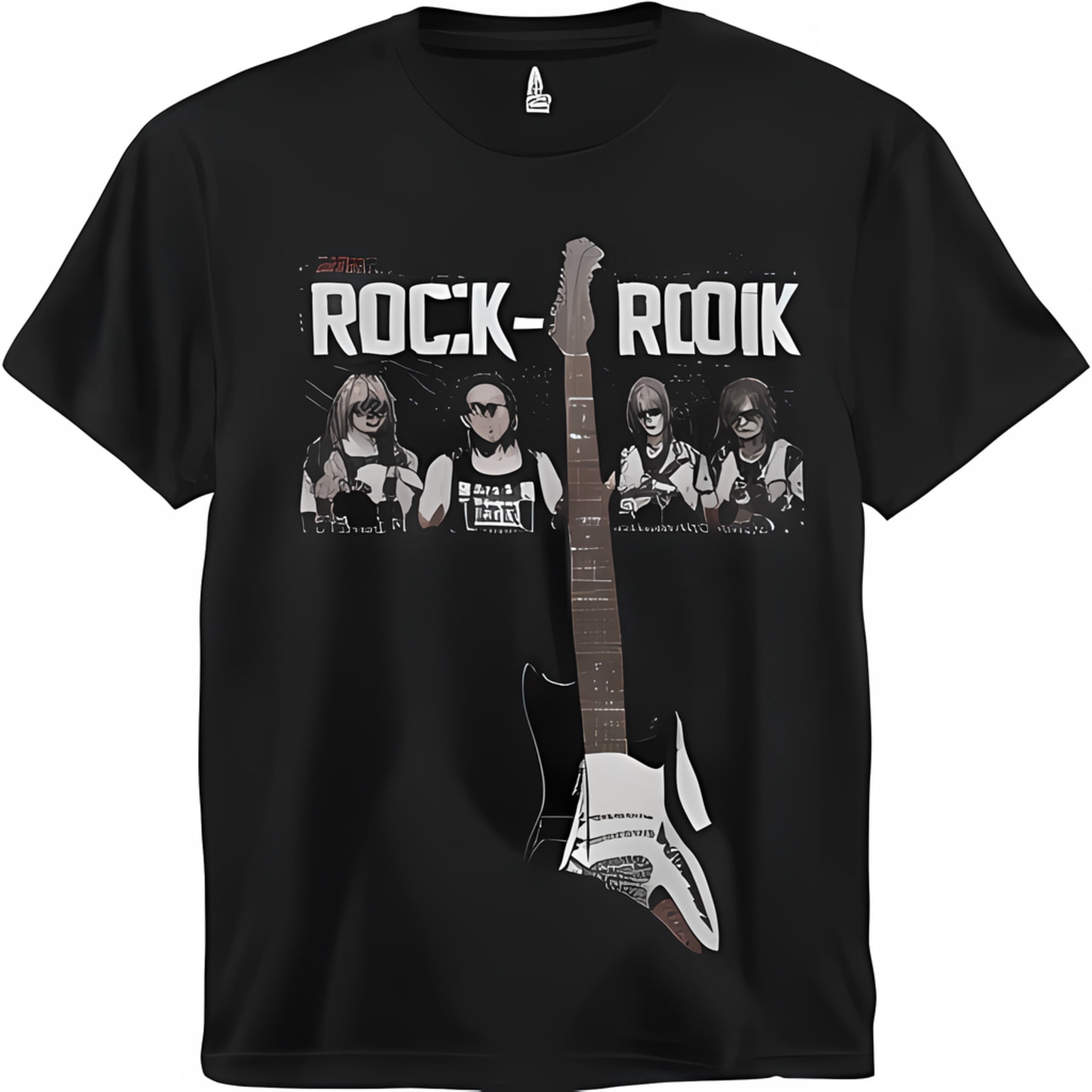Logo Style Black T-Shirt with Electric Guitar and Posed Rockers Print ...