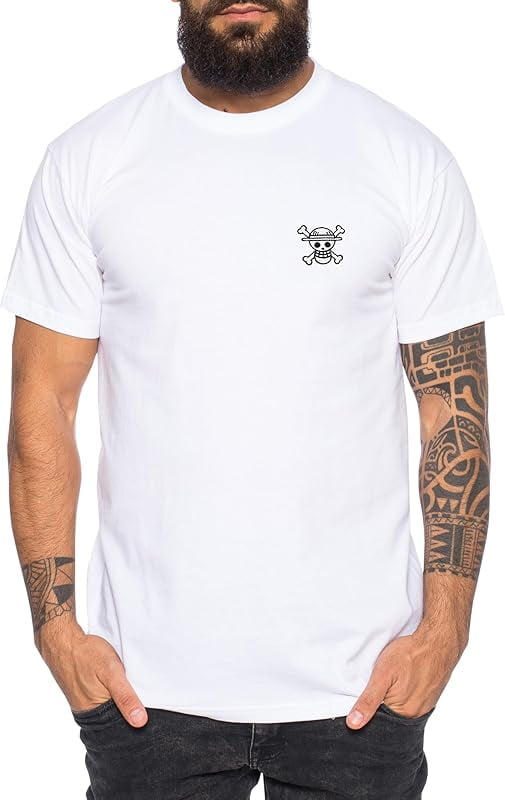 Logo White Ruffy Straw Hat Men's Embroidered T-Shirt - Manga One Pirate ...