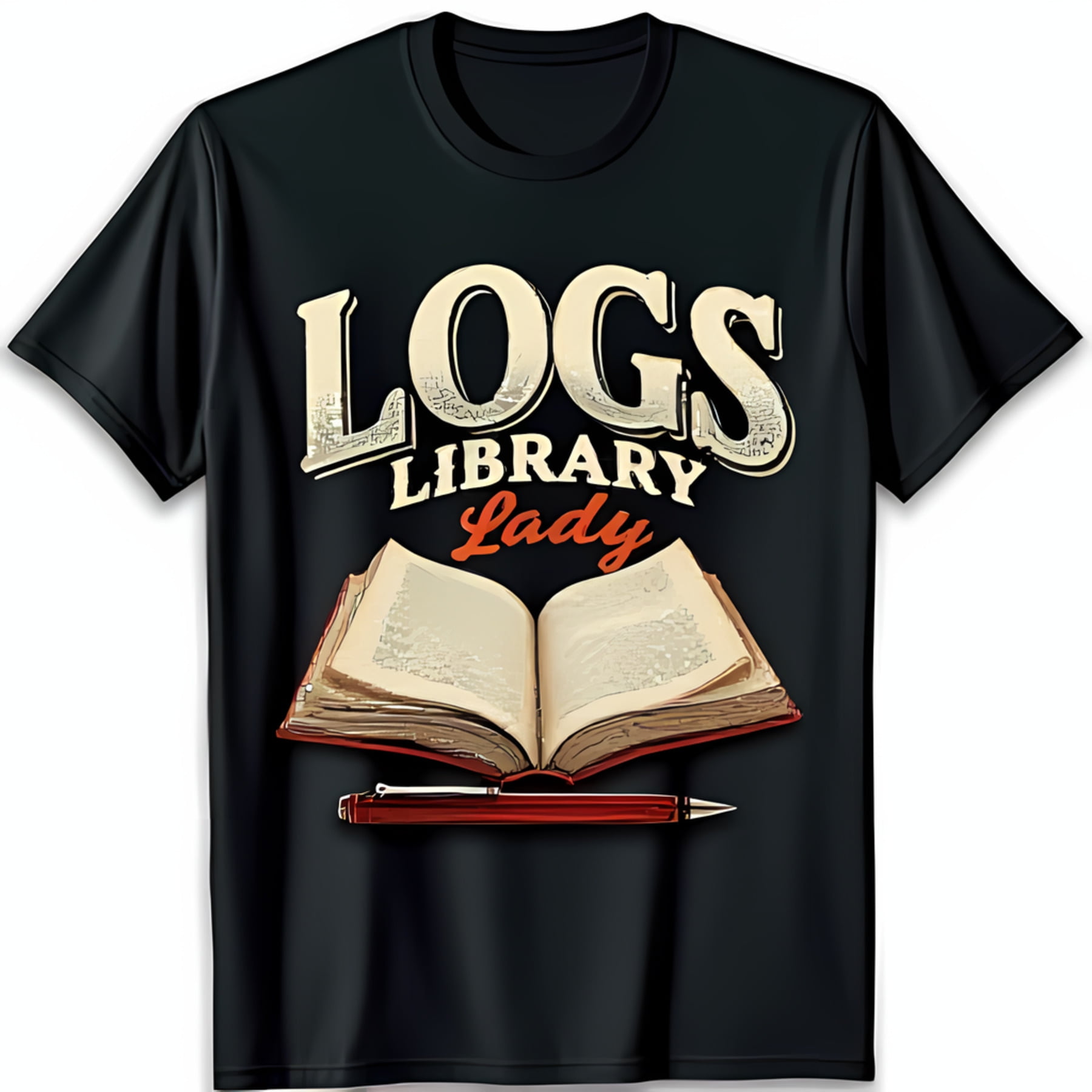 Logs Library Lady Black T-Shirt with Open Book and Red Pen Design for ...