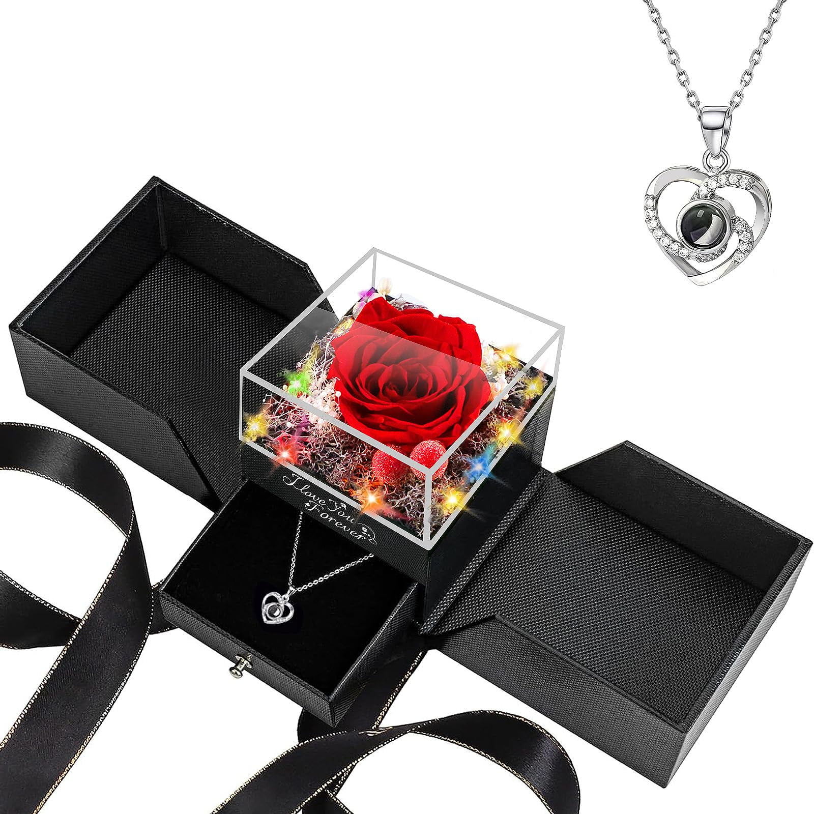 Logth Forever Rose Preserved Real Red Flower Box with Heart Necklace ...