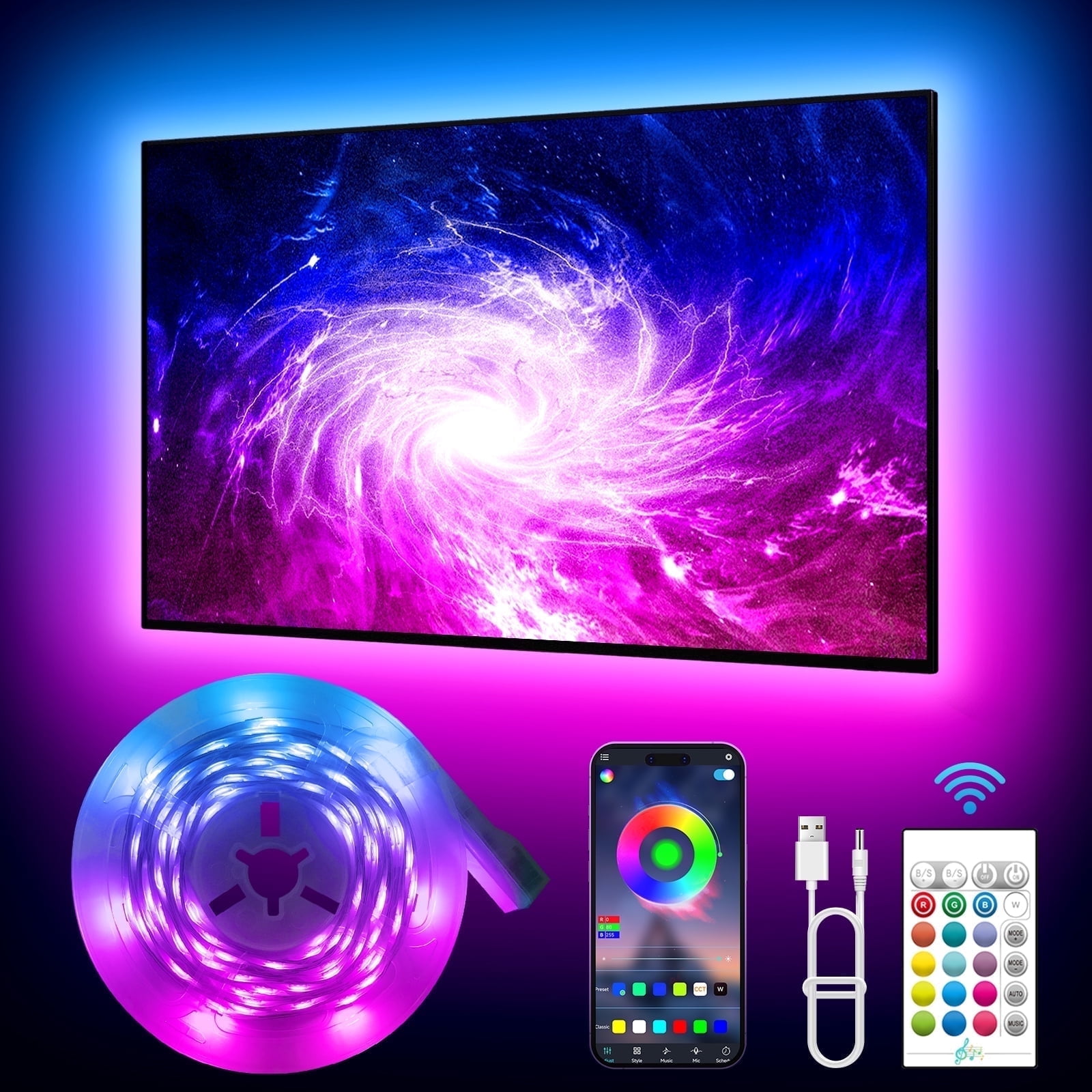 Lohew 14.7ft RGB LED Strip Lights for 32-65 Inch TV with Music Sync ...